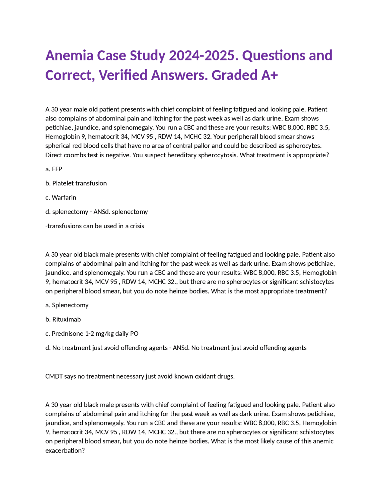 Anemia Case Study 2024-2025. Questions and Correct, Verified Answers ...