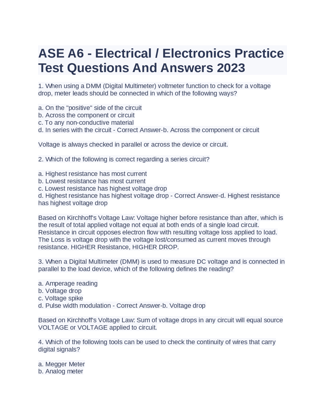 ASE A6 - Electrical / Electronics Practice Test Questions And Answers ...