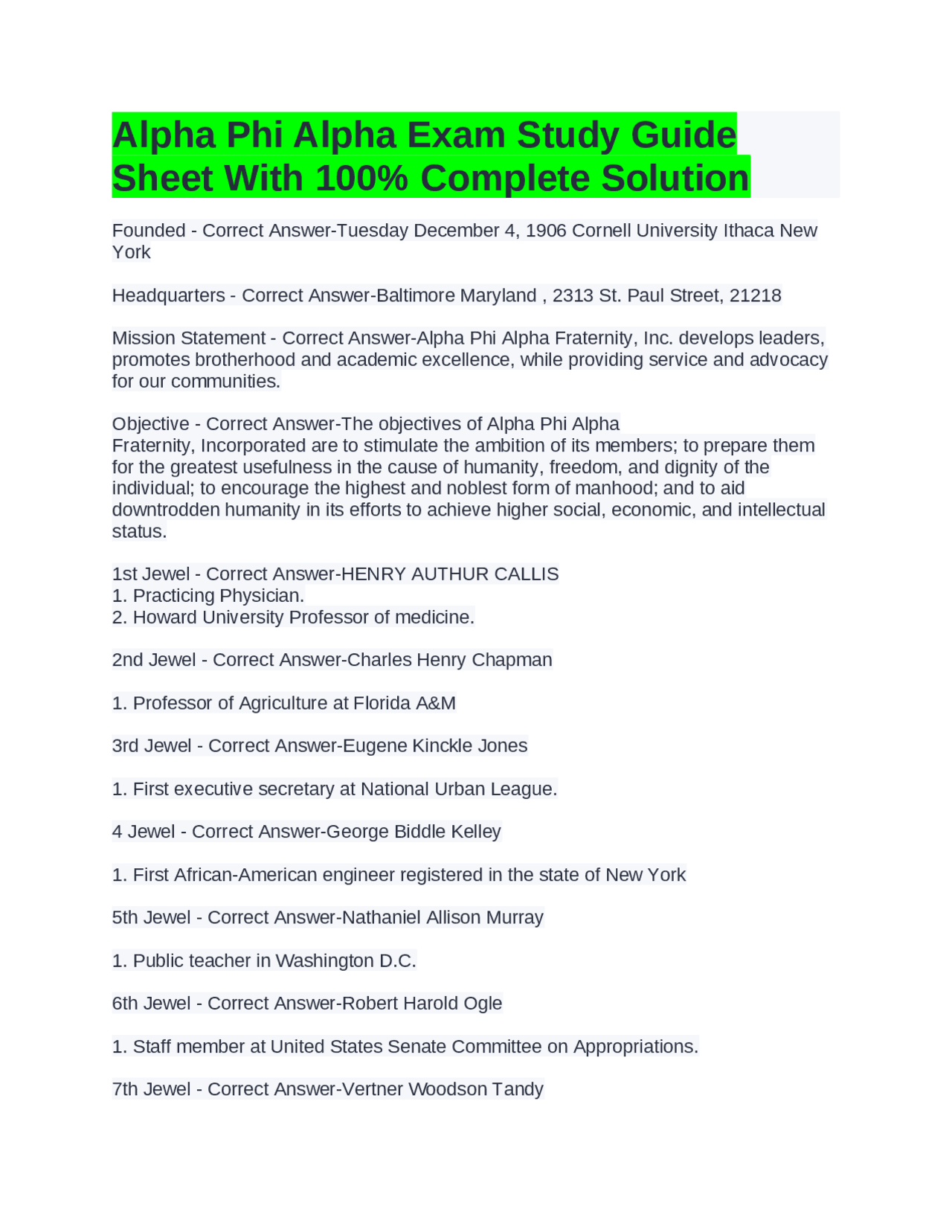 Alpha Phi Alpha Exam Study Guide Sheet With 100% Complete Solution ...