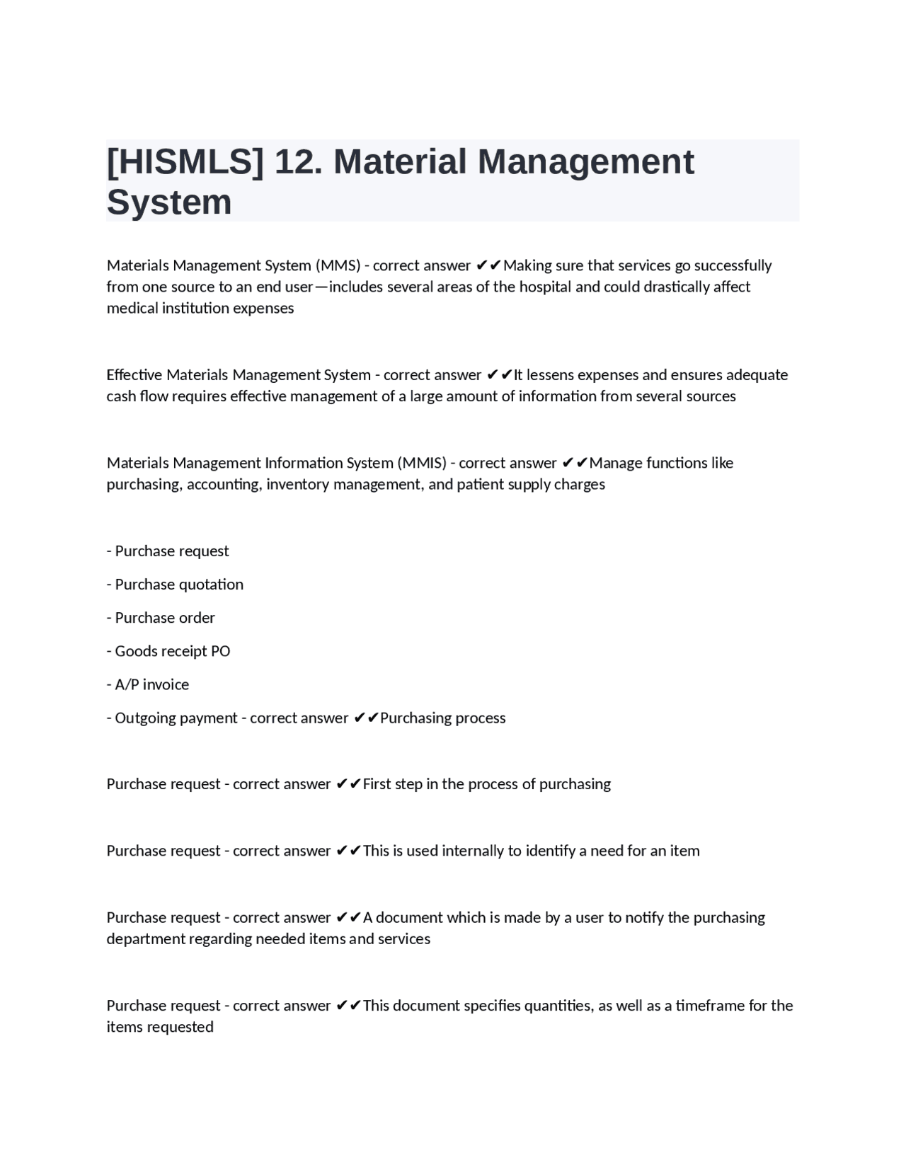 Materials Management System (MMS) | Exams Nursing | Docsity