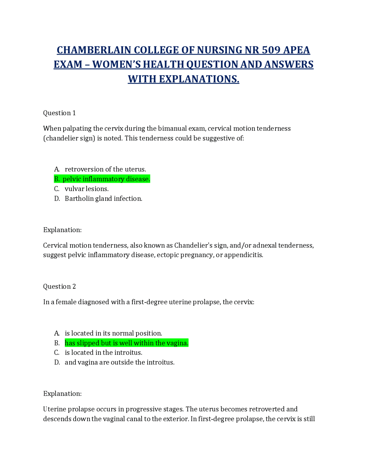 Gynecological Examination and Conditions | Exams Nursing | Docsity