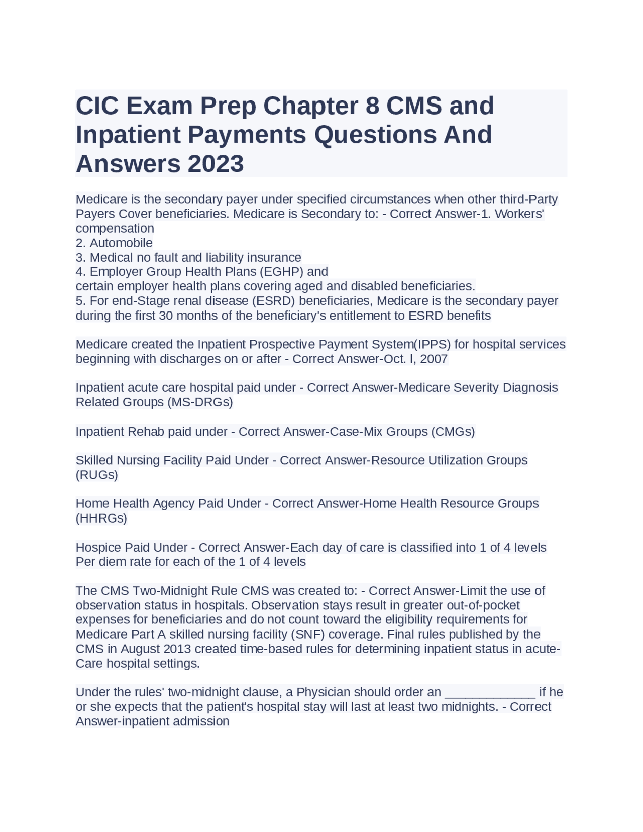 CIC Exam Prep Chapter 8 CMS and Inpatient Payments Questions And ...