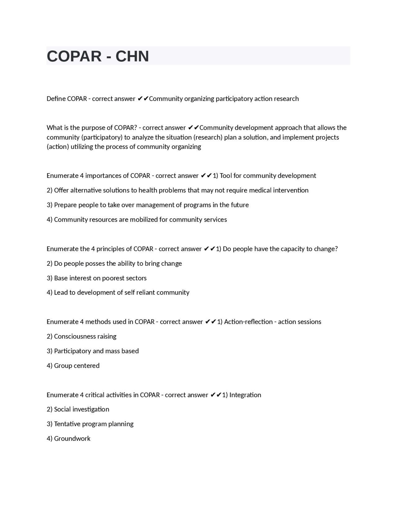 COPAR - CHN(questions with complete solutions) | Exams Nursing | Docsity