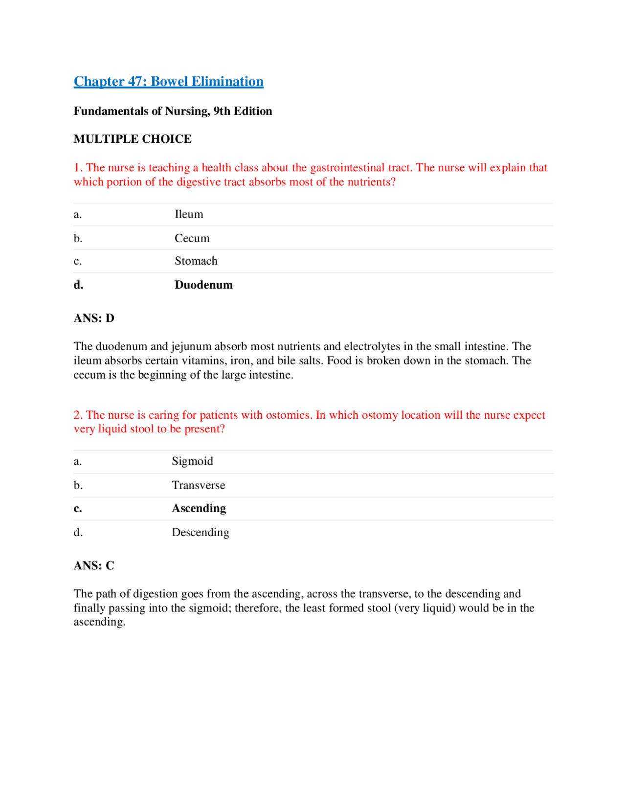 Chapter 47: Bowel Elimination Fundamentals of Nursing, 9th Edition ...