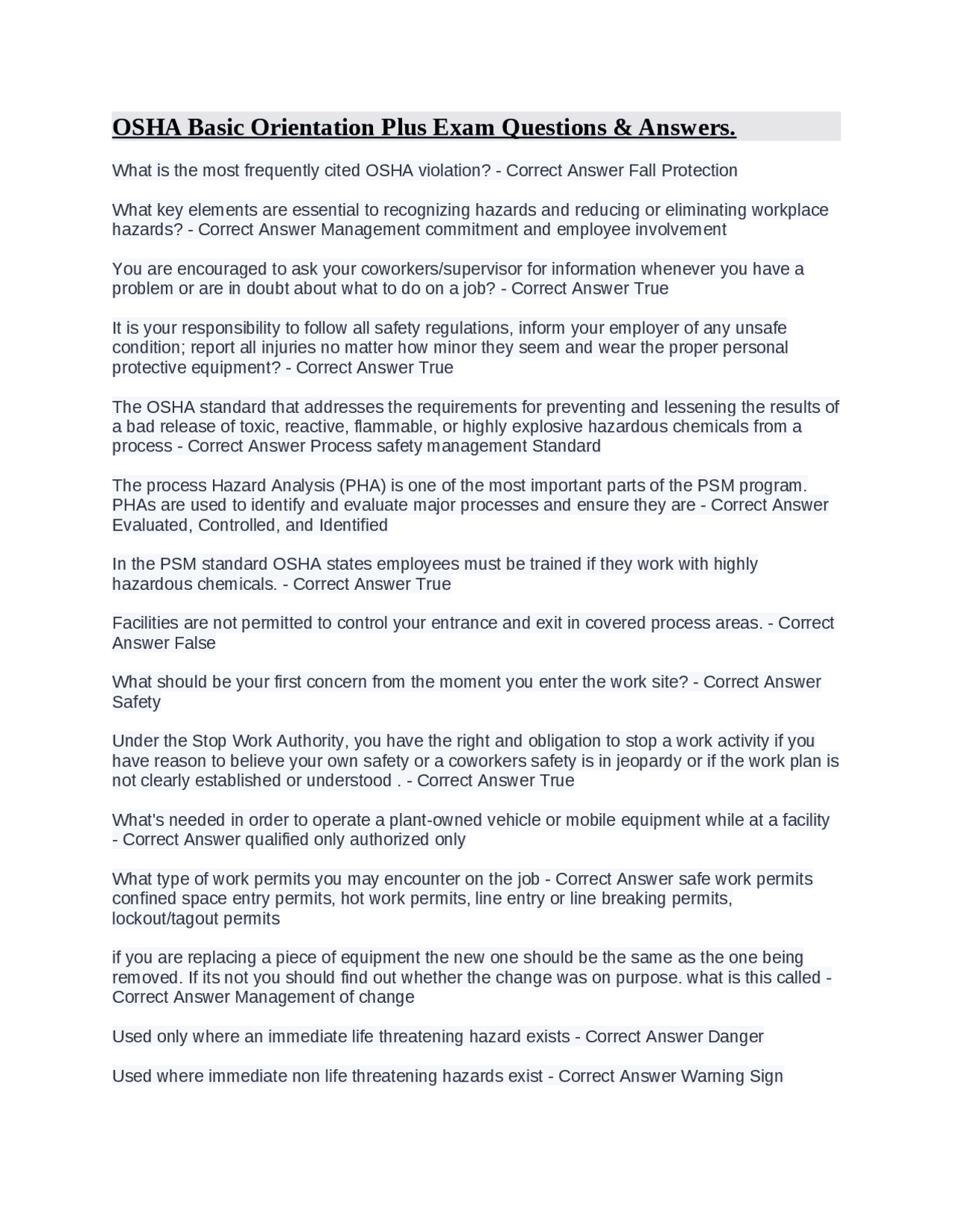 OSHA Basic Orientation Plus Exam Questions & Answers. | Exams Basic ...