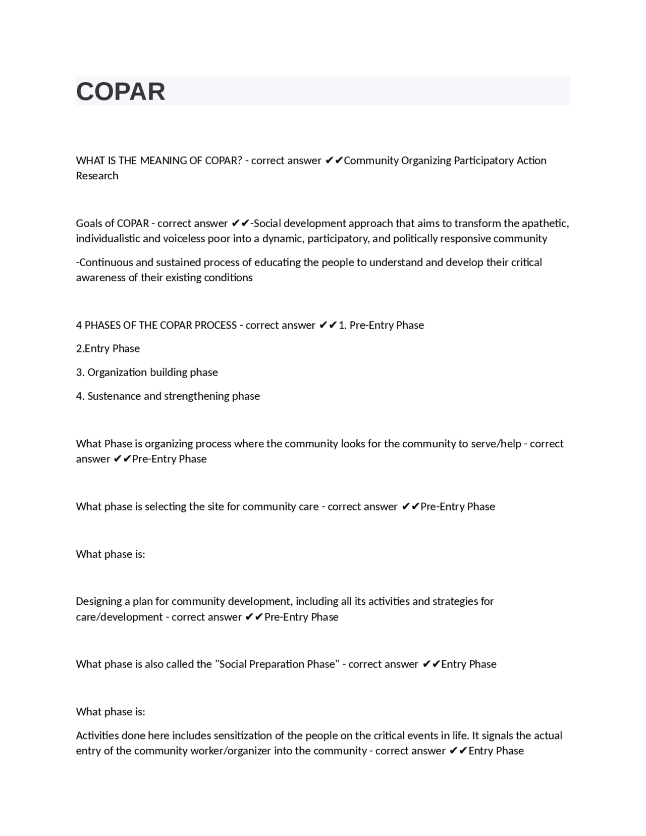COPAR questions with 100% correct answers | Exams Nursing | Docsity
