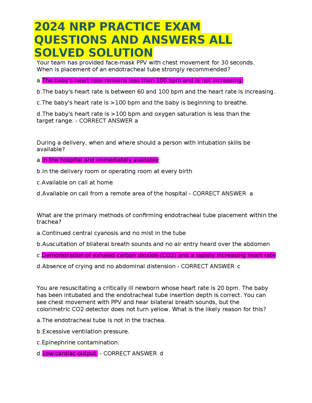 2024 NRP PRACTICE EXAM QUESTIONS AND ANSWERS ALL SOLVED SOLUTION | Exams Nursing | Docsity