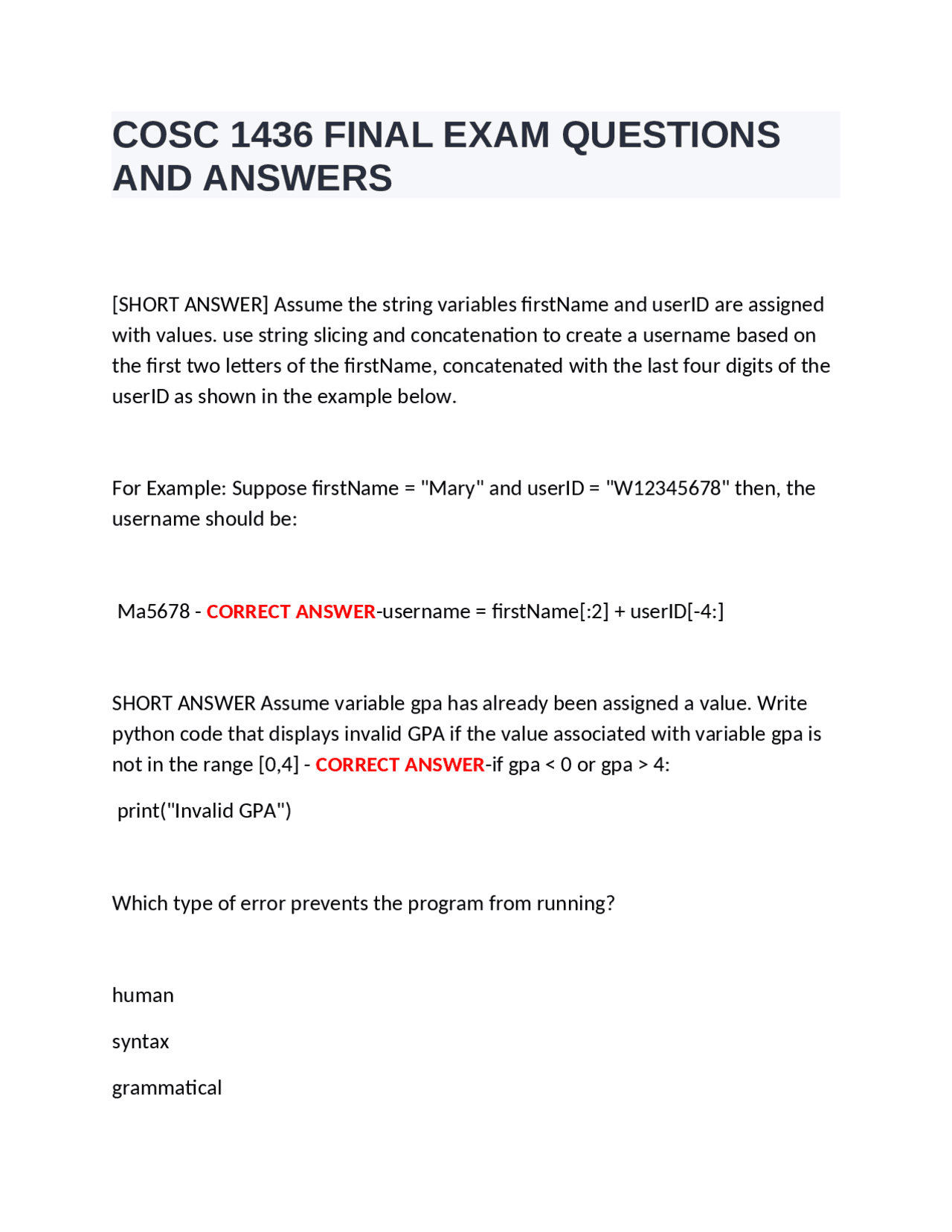 COSC 1436 FINAL EXAM QUESTIONS AND ANSWERS | Exams Nursing | Docsity