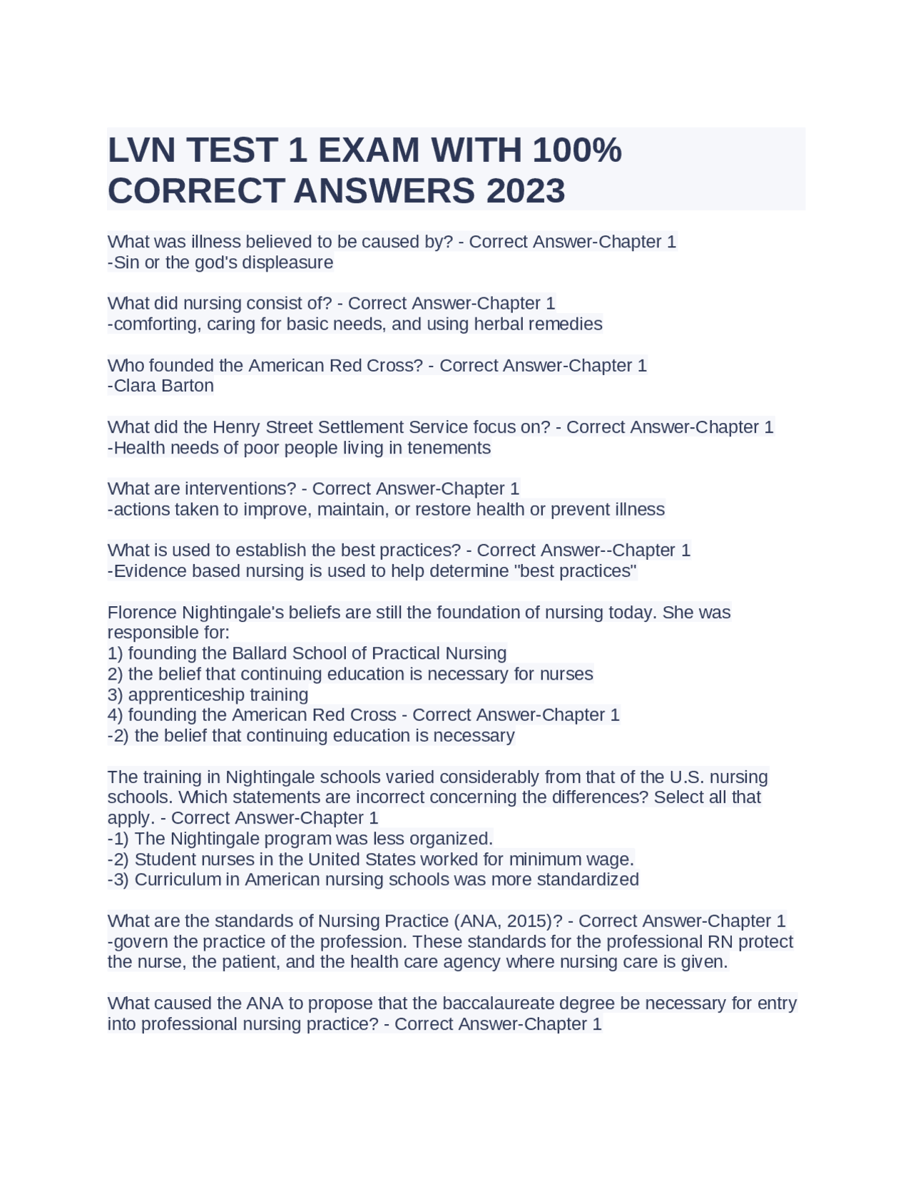 LVN TEST 1 EXAM WITH 100% CORRECT ANSWERS 2023 | Exams Advanced ...