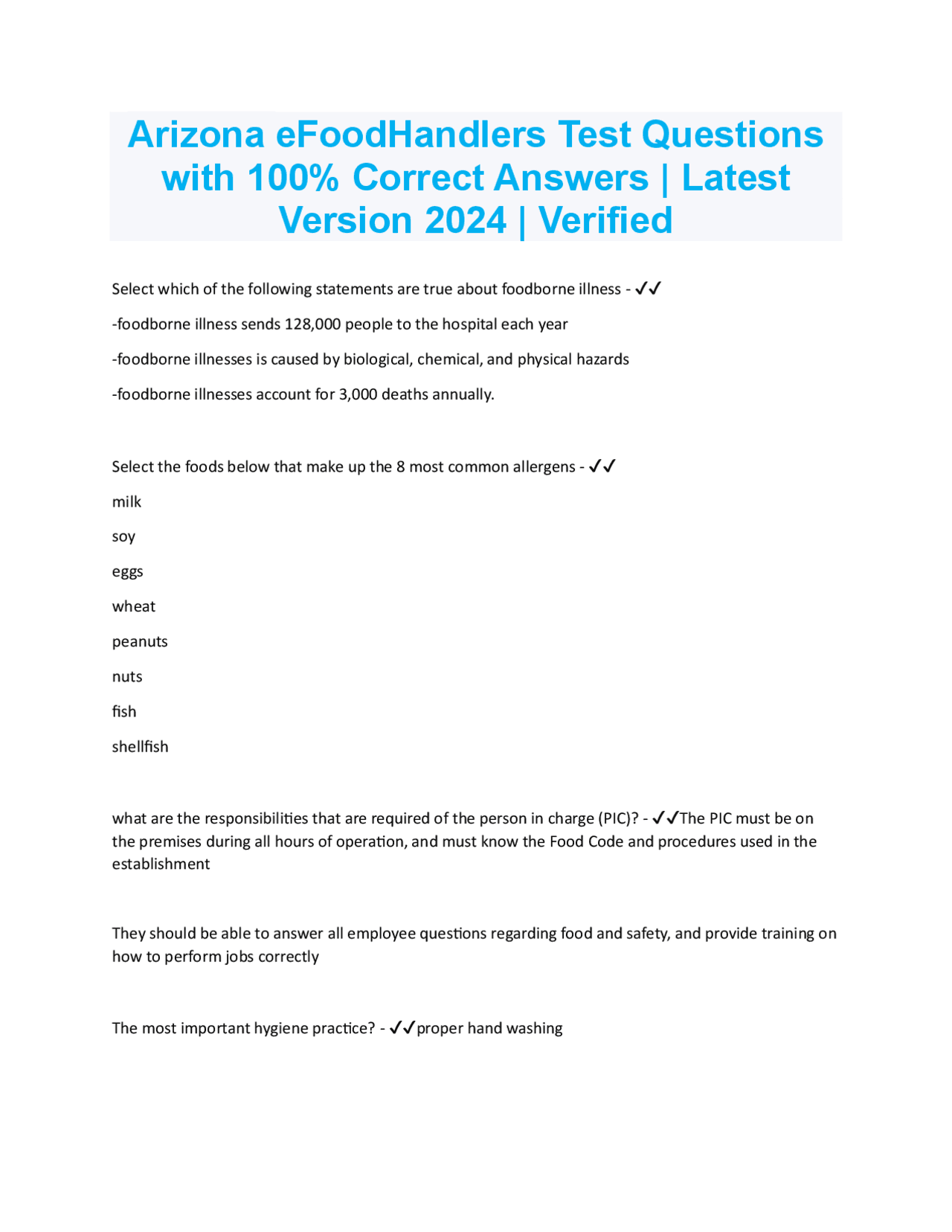 Arizona eFoodHandlers Test Questions with 100% Correct Answers | Exams ...