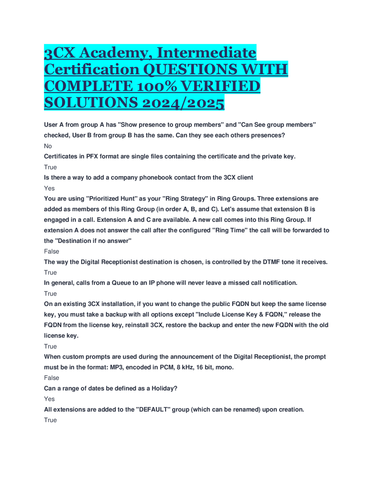 3CX Academy, Intermediate Certification QUESTIONS WITH COMPLETE 100% VERIFIED SOLUTIONS 20 ...
