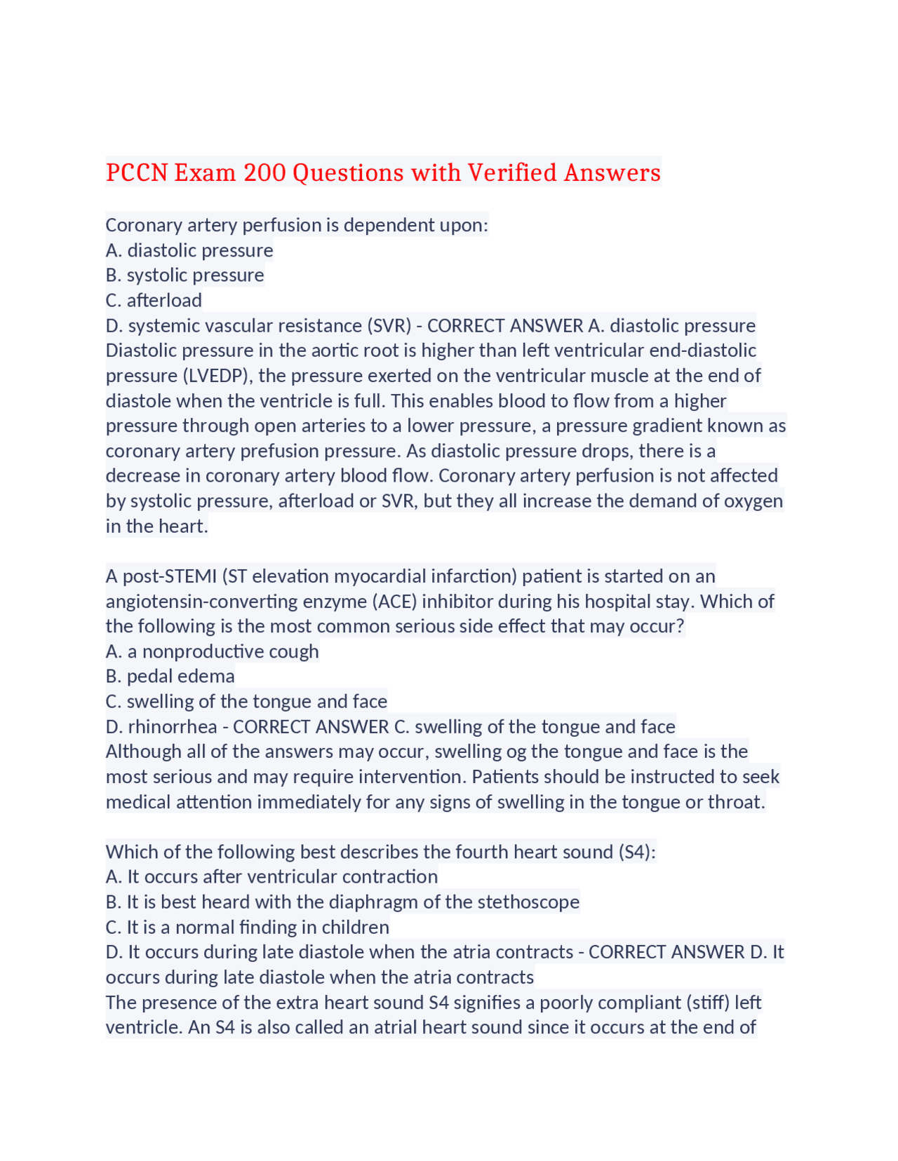 PCCN Exam 200 Questions with Verified Answers,100% CORRECT | Exams ...