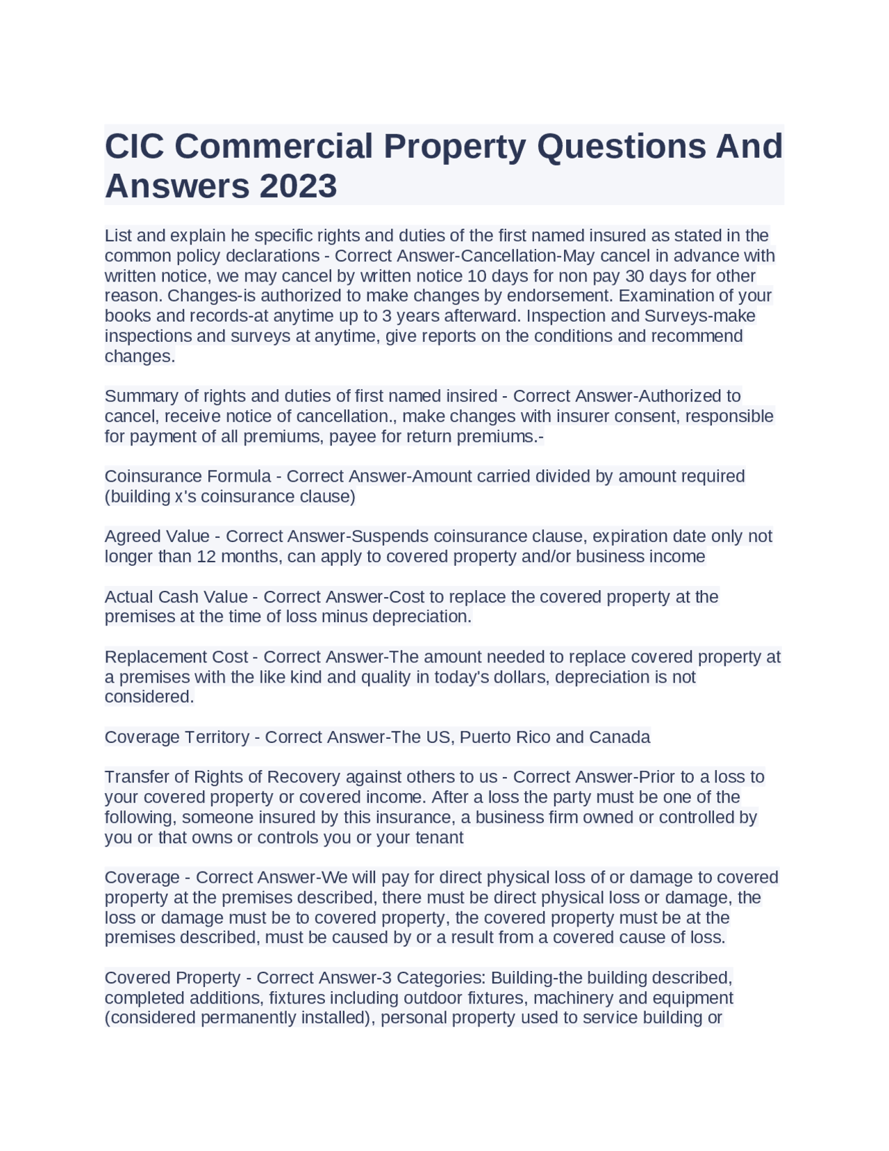 CIC Commercial Property Questions And Answers 2023 | Exams Advanced ...