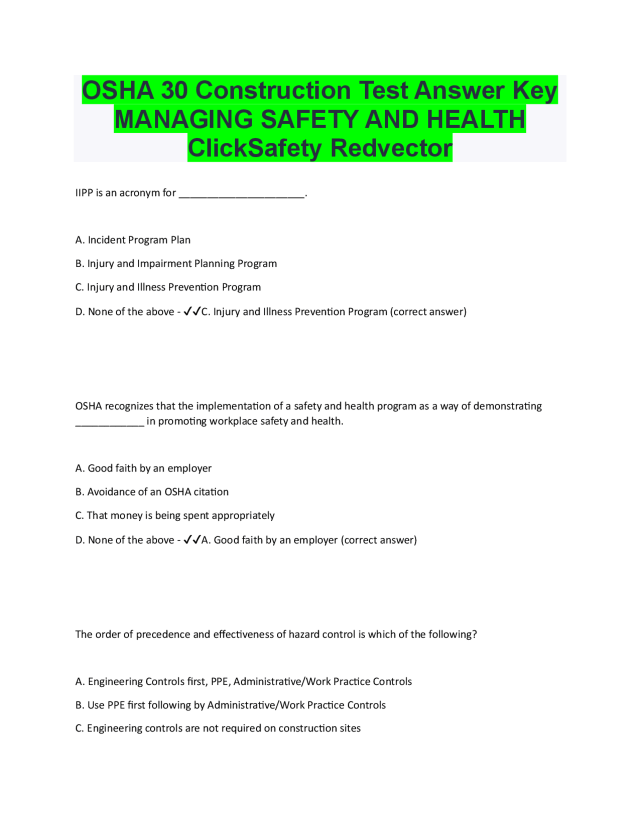 OSHA 30 Construction Test Answer Key MANAGING SAFETY | Exams Workplace ...