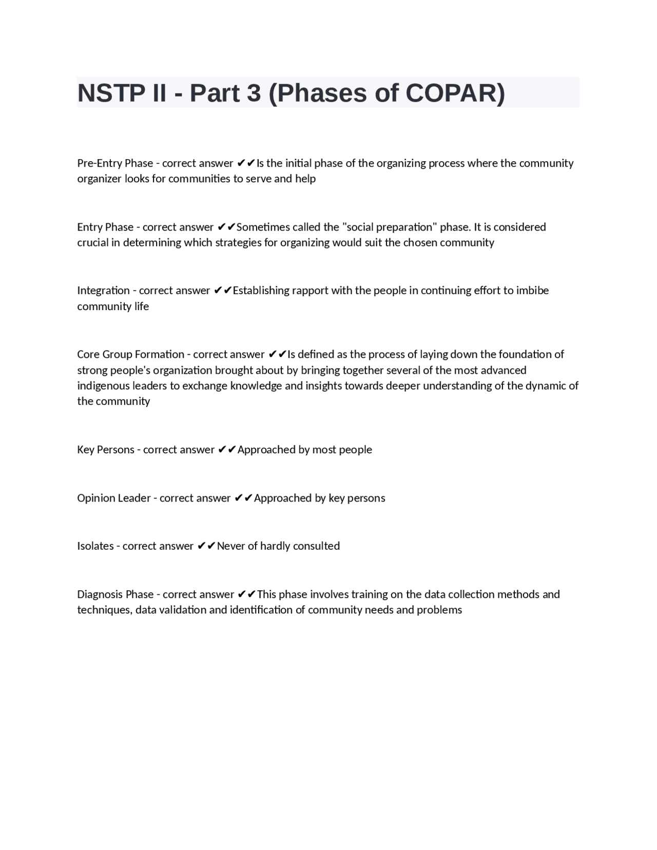 NSTP II - Part 3 (Phases of COPAR) correctly answered to pass | Exams ...
