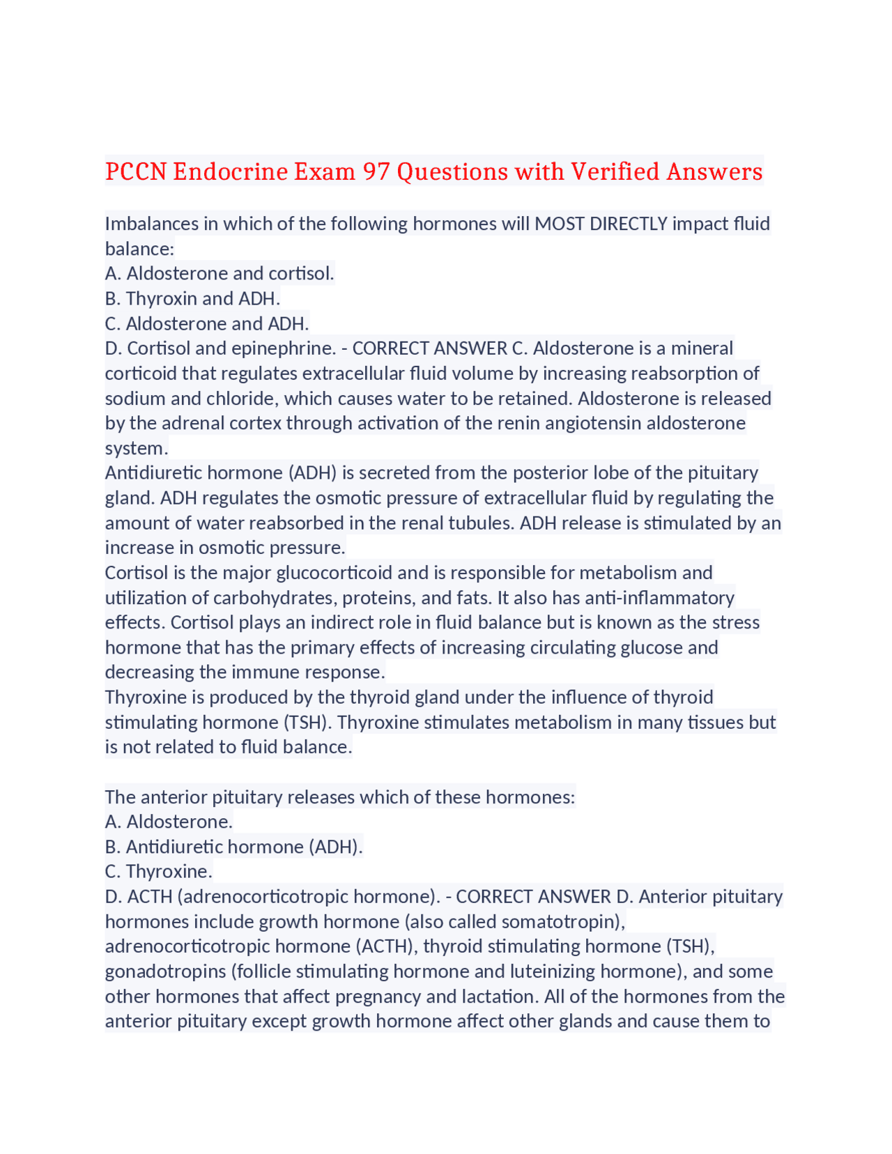 PCCN Endocrine Exam 97 Questions with Verified Answers,100% CORRECT ...