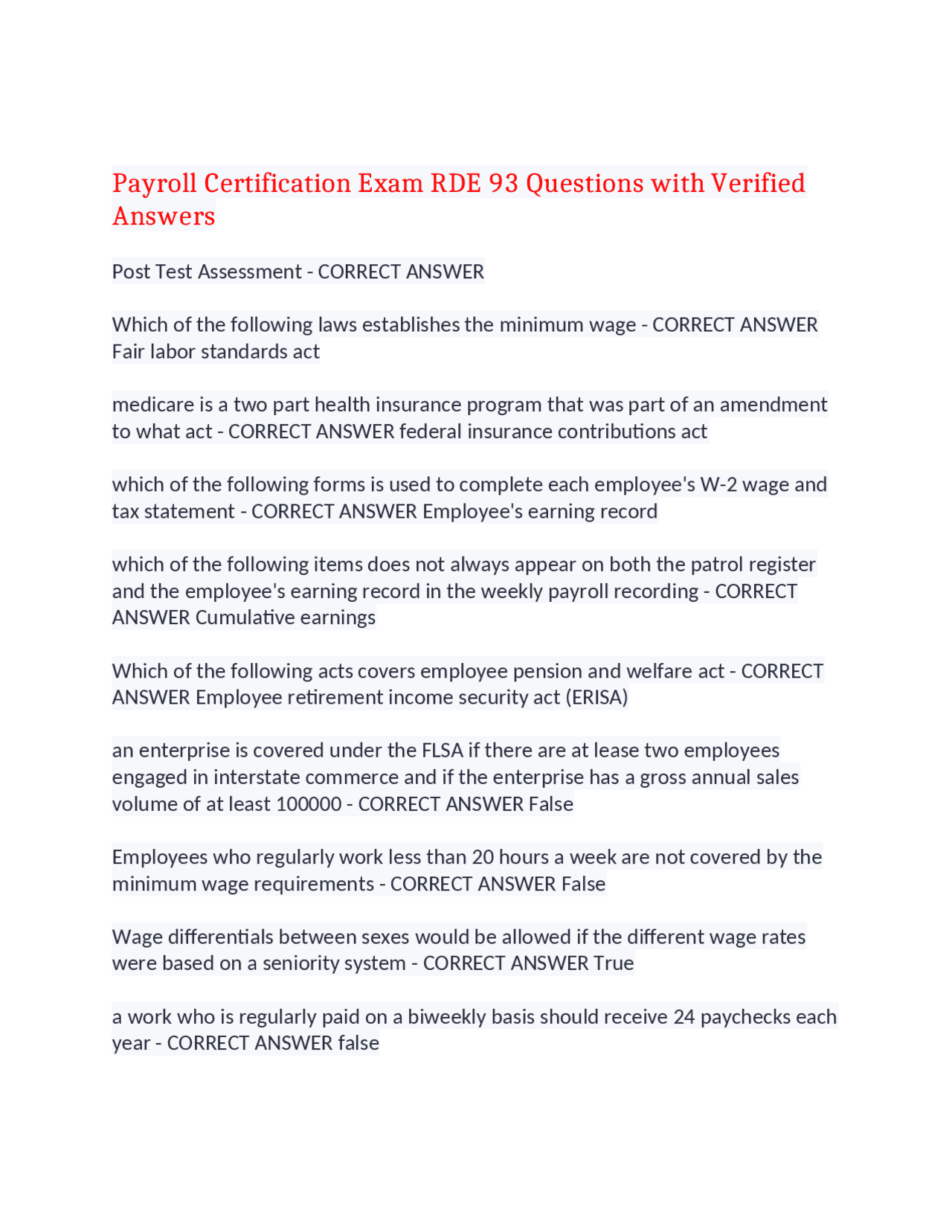Payroll Certification Exam RDE 93 Questions with Verified Answers,100% ...