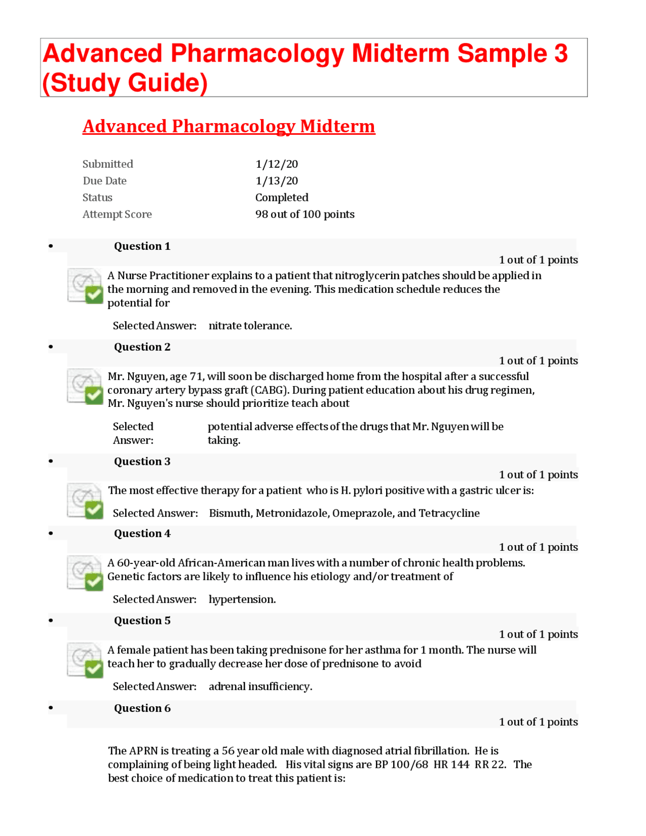 Advanced Pharmacology Midterm Sample 3 (Study Guide) | Exams Nursing ...