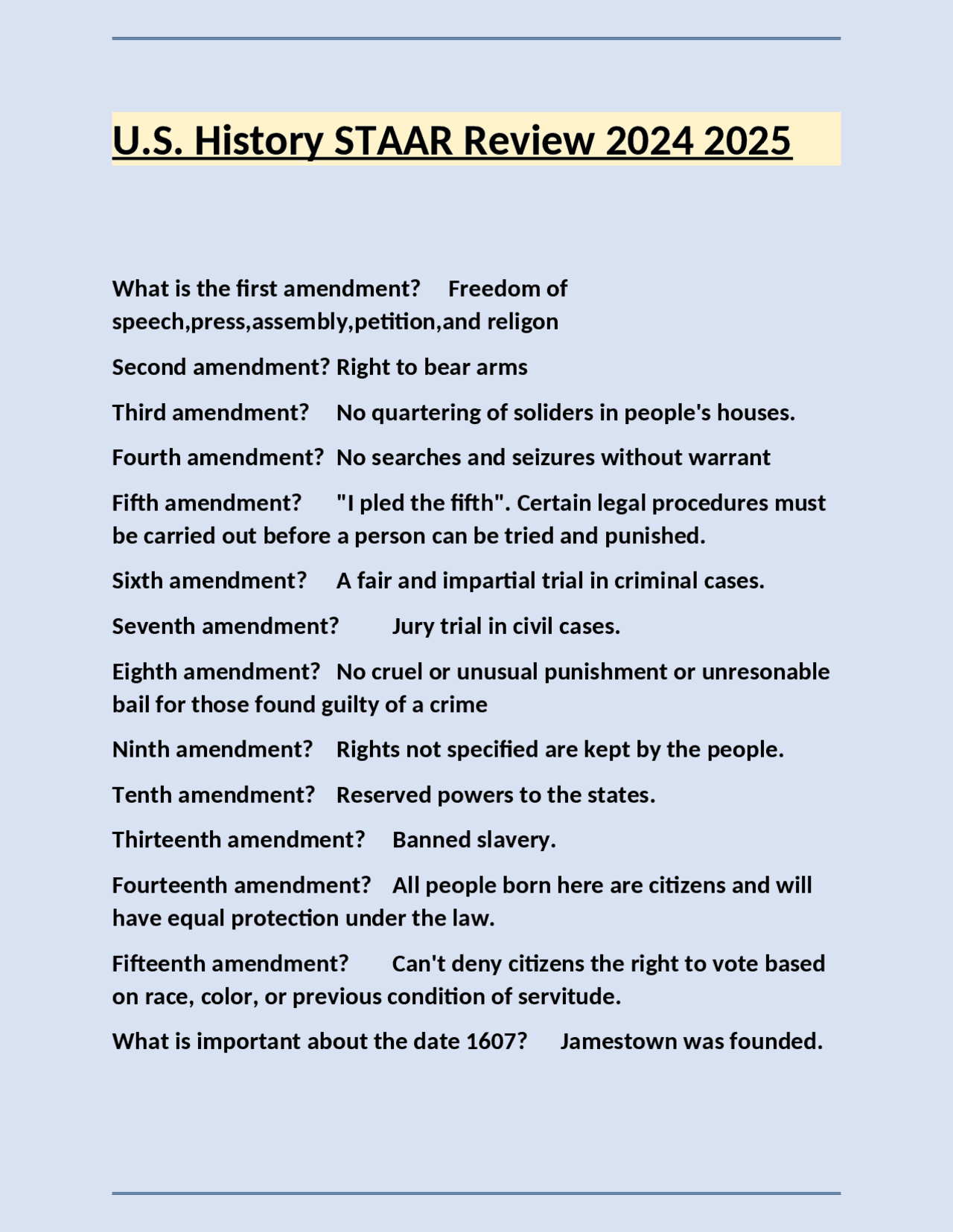 U.S. History STAAR Review 2024 2025 | Exams Nursing | Docsity