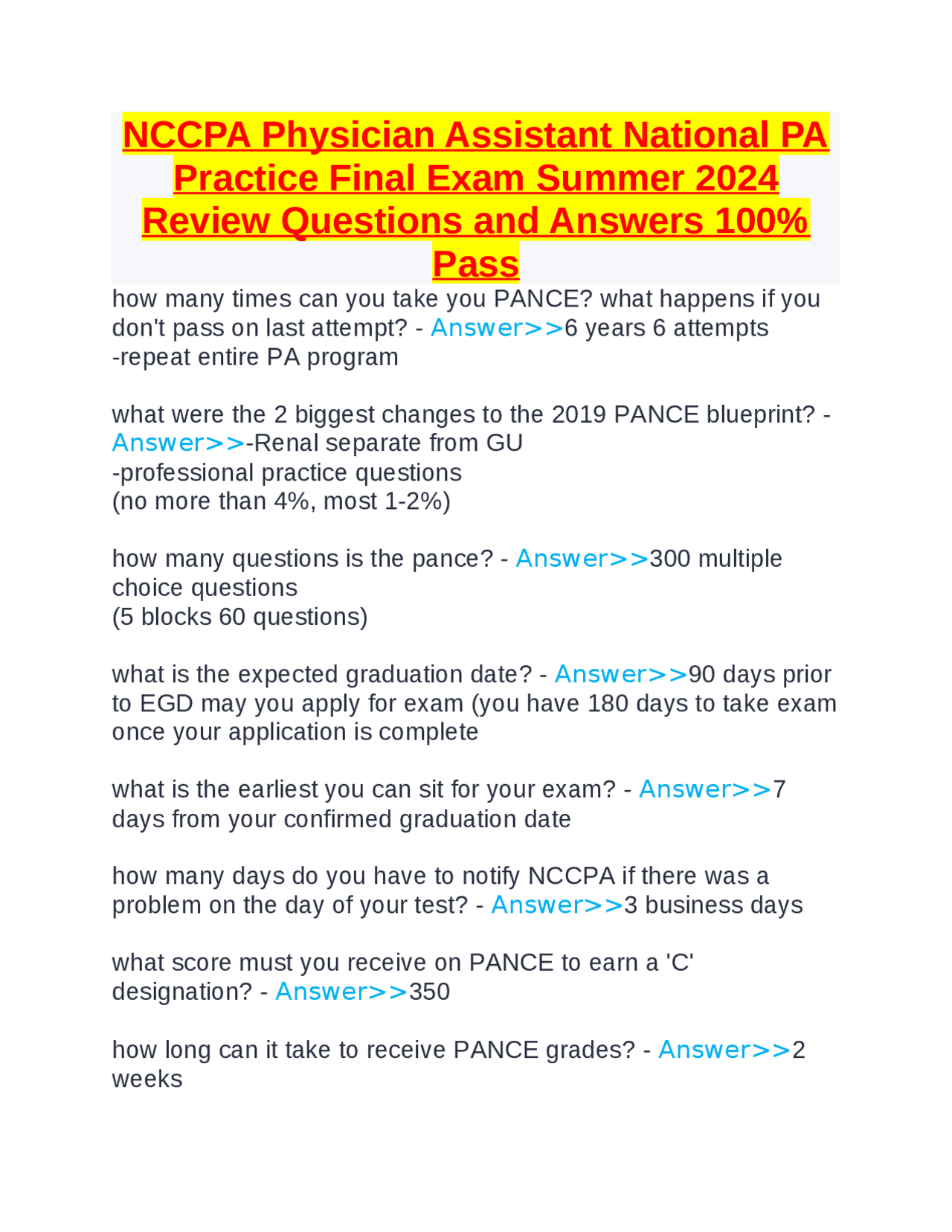 NCCPA Physician Assistant National PA Practice Final Exam Summer 2024 ...