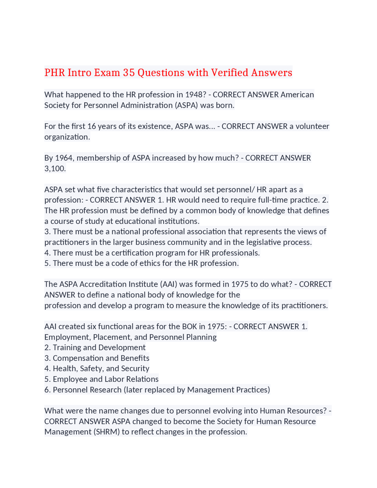 PHR Intro Exam 35 Questions with Verified Answers,100% CORRECT | Exams ...