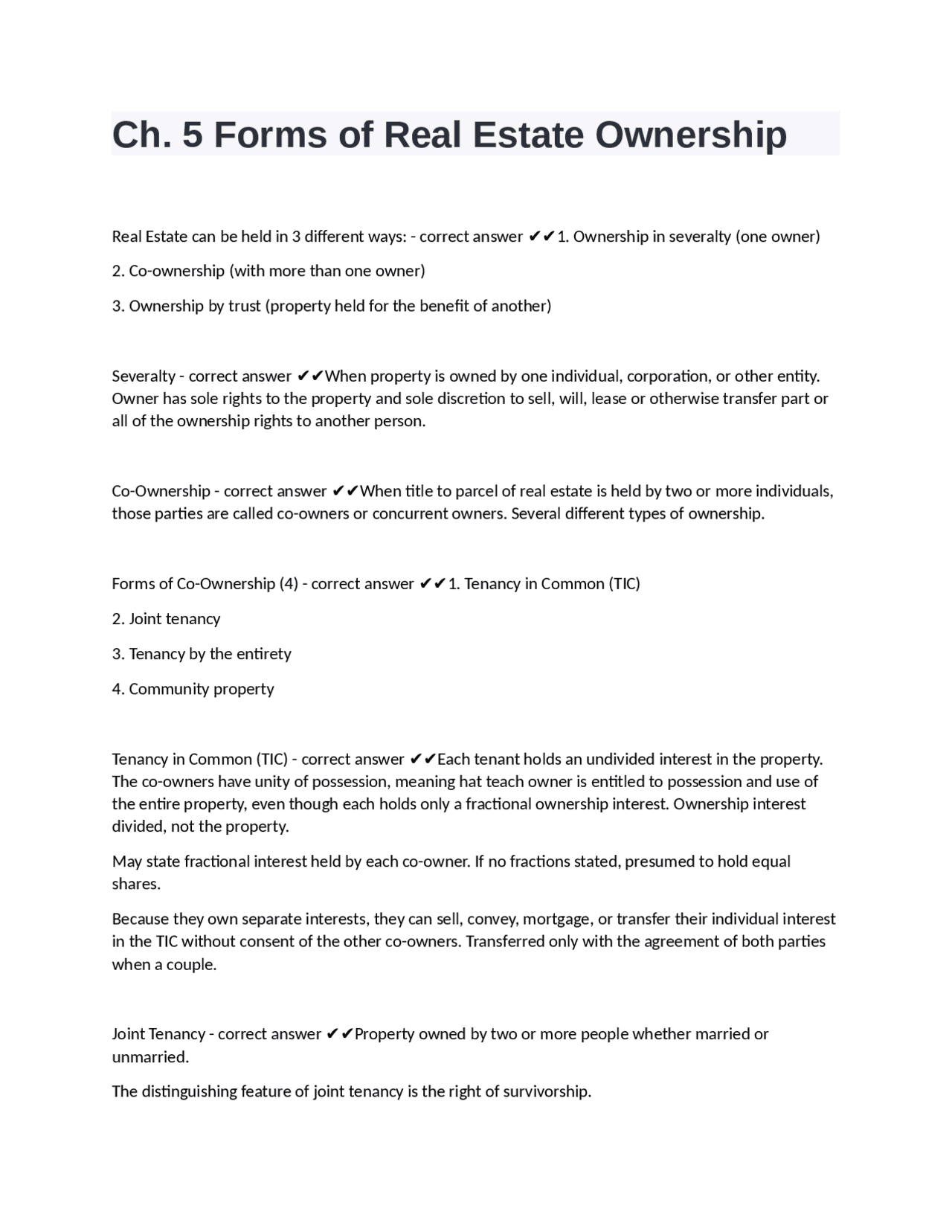 Ch. 5 Forms of Real Estate Ownership well answered to pass | Exams ...