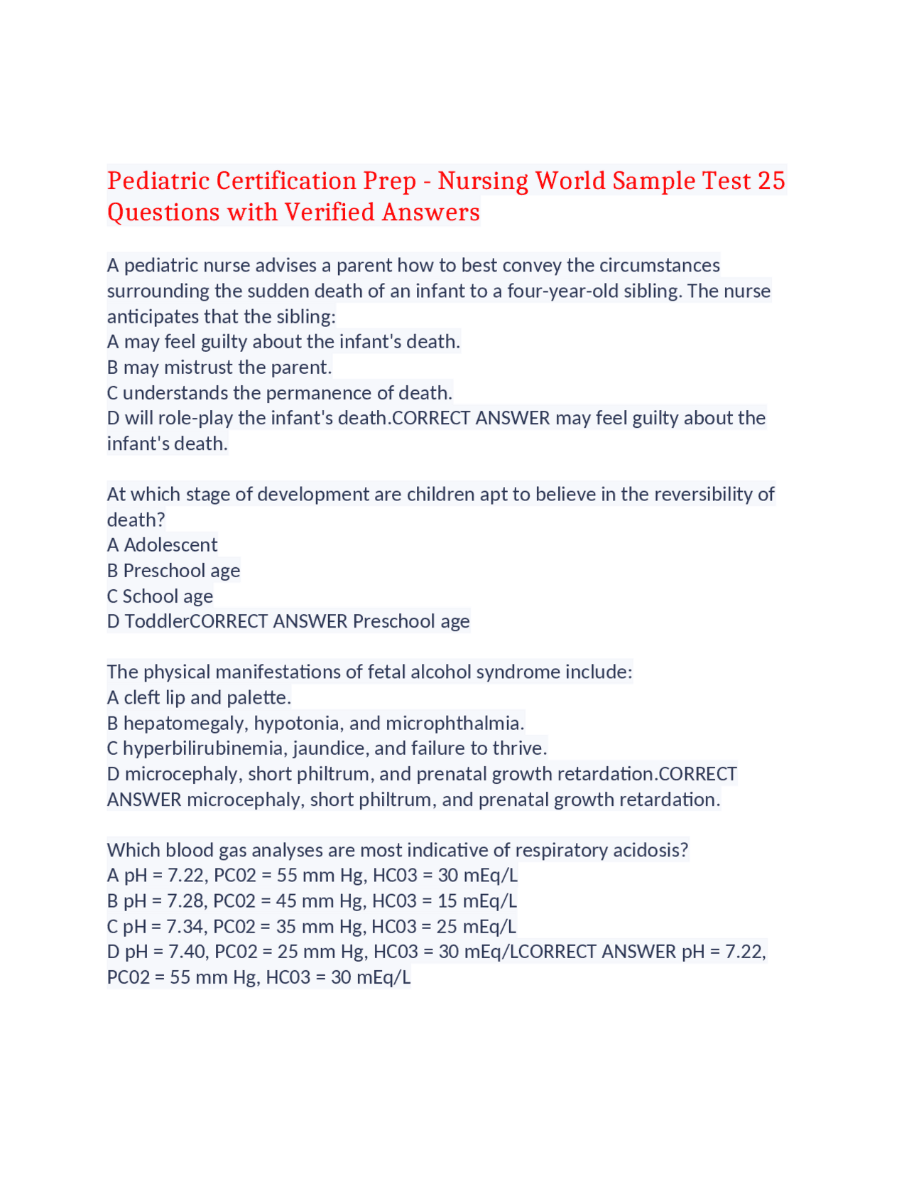 Pediatric Certification Prep - Nursing World Sample Test | Exams ...