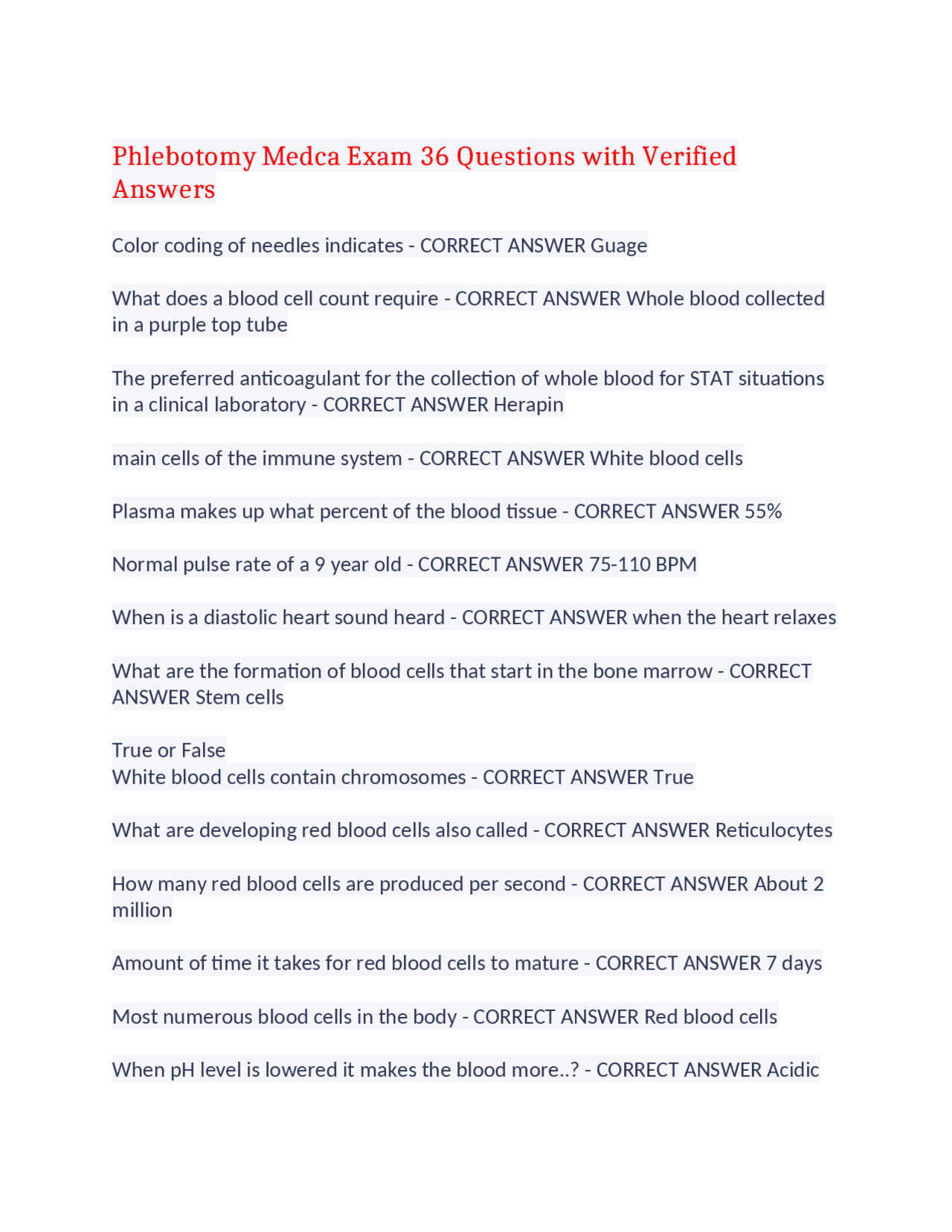 Phlebotomy Medical Exam: 36 Questions with Verified Answers | Exams ...