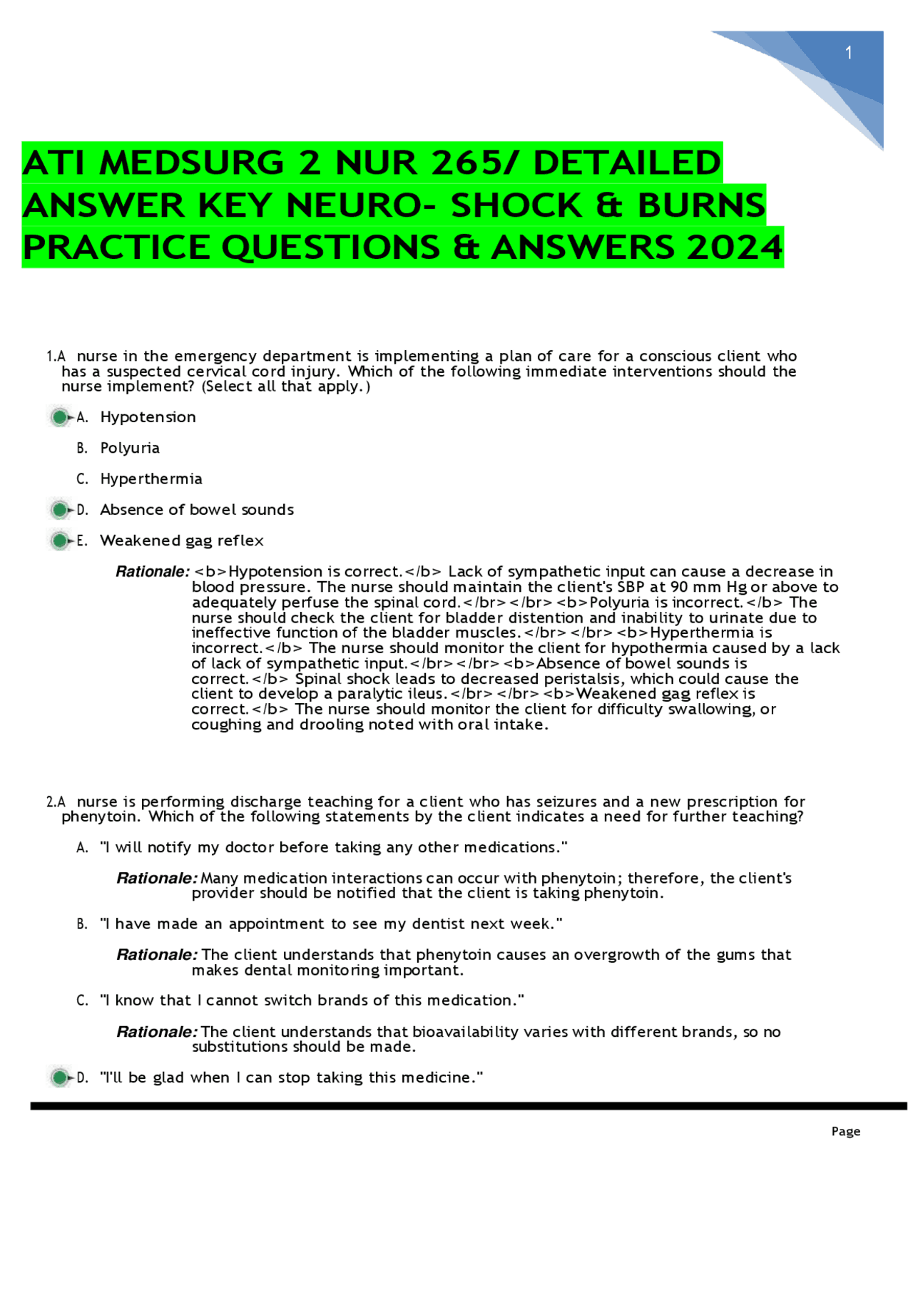 ATI MEDSURG 2 NUR 265/ DETAILED ANSWER KEY NEURO- SHOCK & BURNS ...
