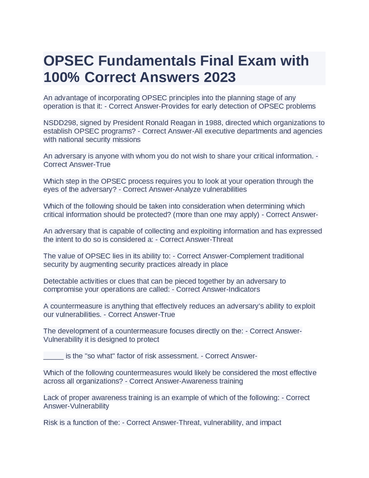 OPSEC Fundamentals Final Exam with 100% Correct Answers 2023 | Exams ...