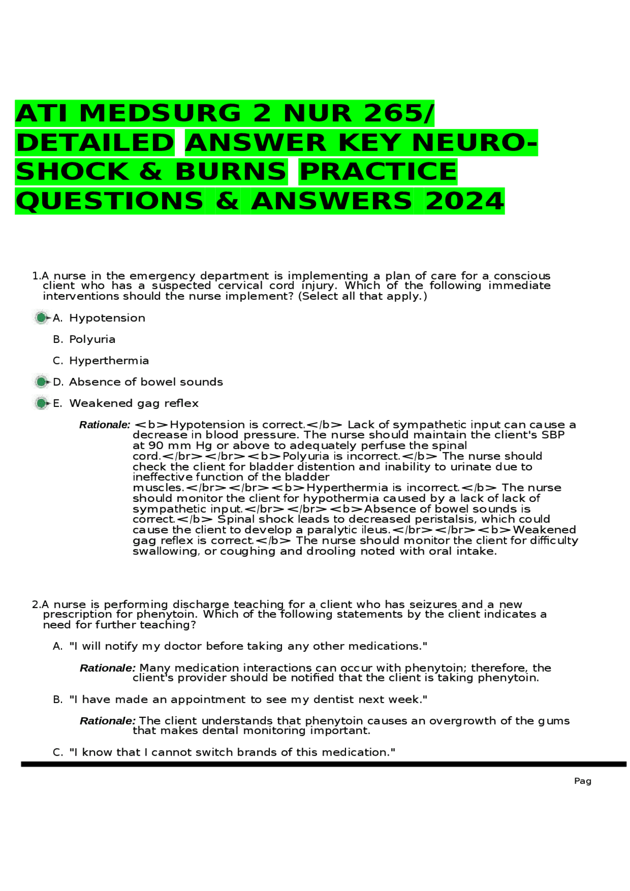 ATI MEDSURG 2 NUR 265/ DETAILED ANSWER KEY NEURO- SHOCK & BURNS ...
