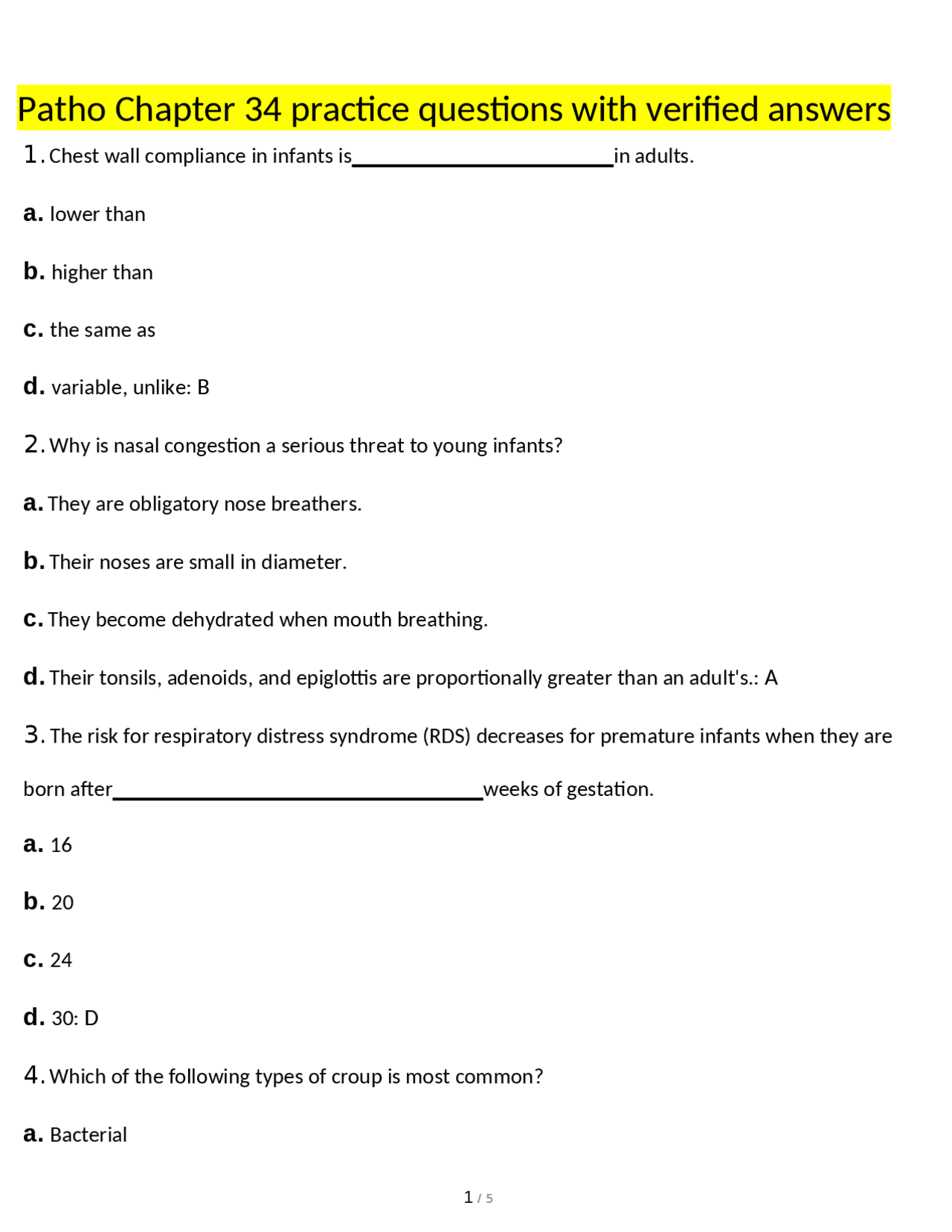 Patho Chapter 34 practice questions with verified answers | Exams ...