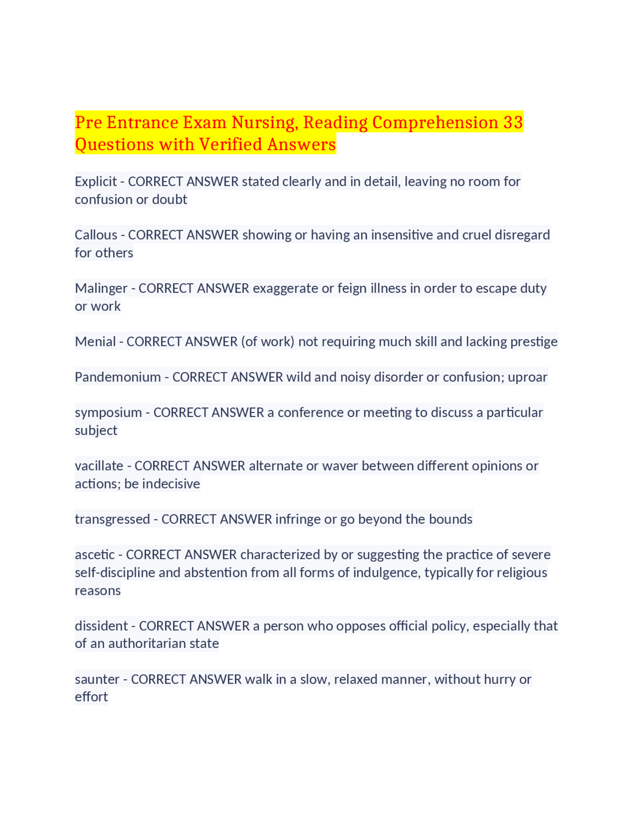 Pre Entrance Exam Nursing, Reading Comprehension 33 Questions with ...