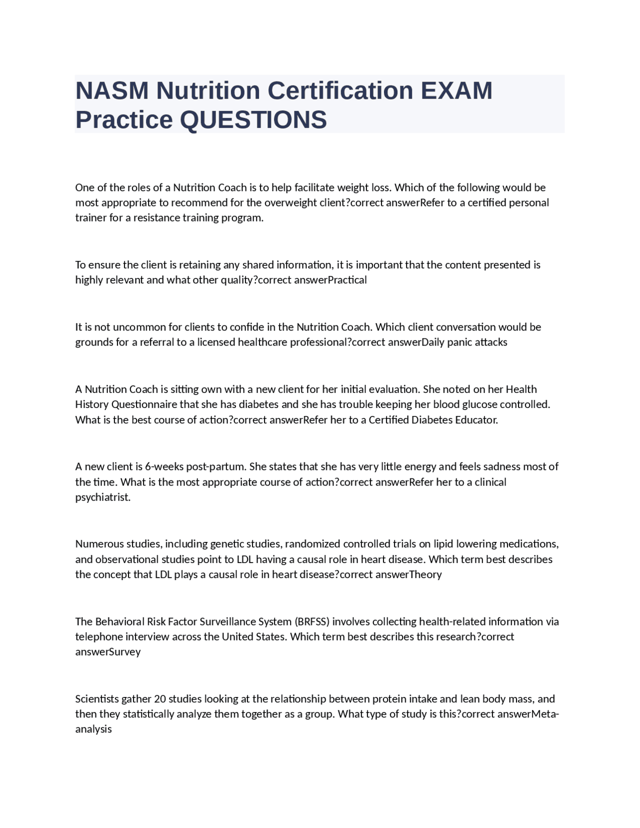 NASM Nutrition Certification Exam Practice Questions | Exams Nutrition ...