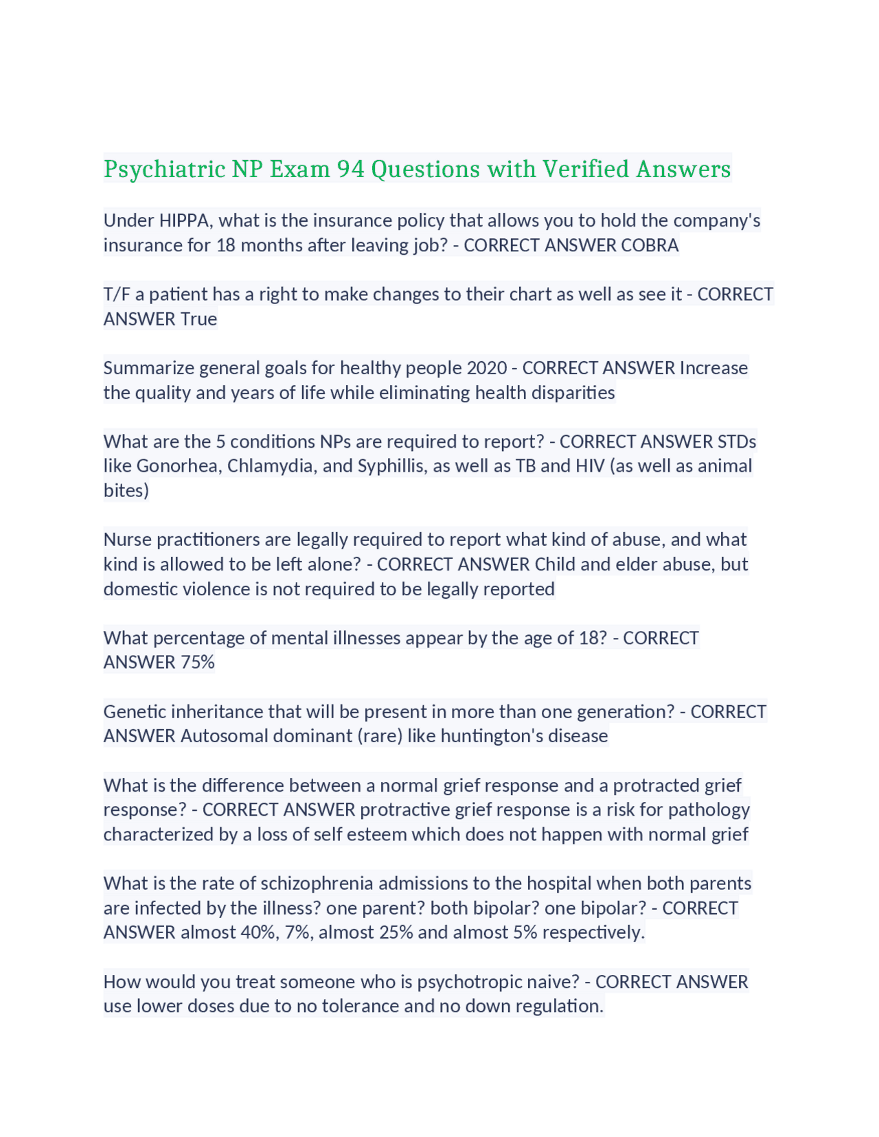 Psychiatric NP Exam 94 Questions with Verified Answers,100% CORRECT ...