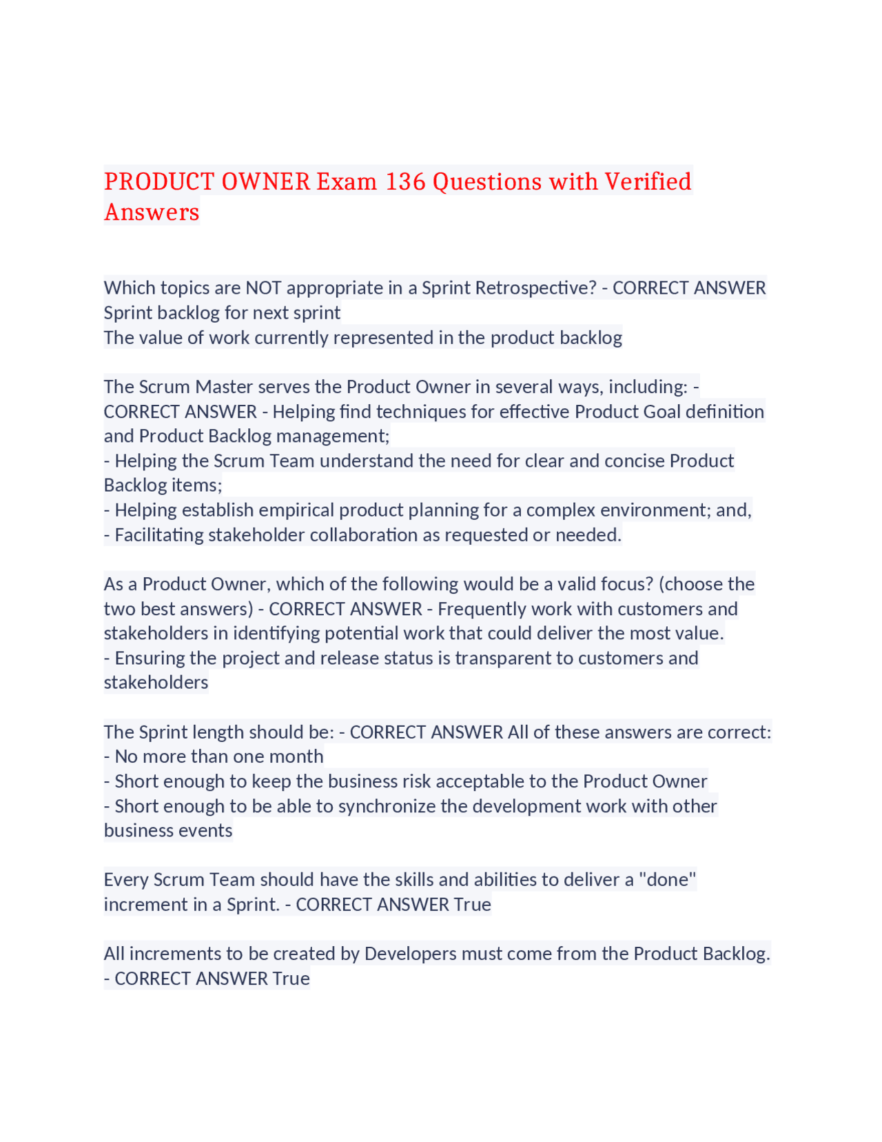 PRODUCT OWNER Exam 136 Questions with Verified Answers,100% CORRECT ...