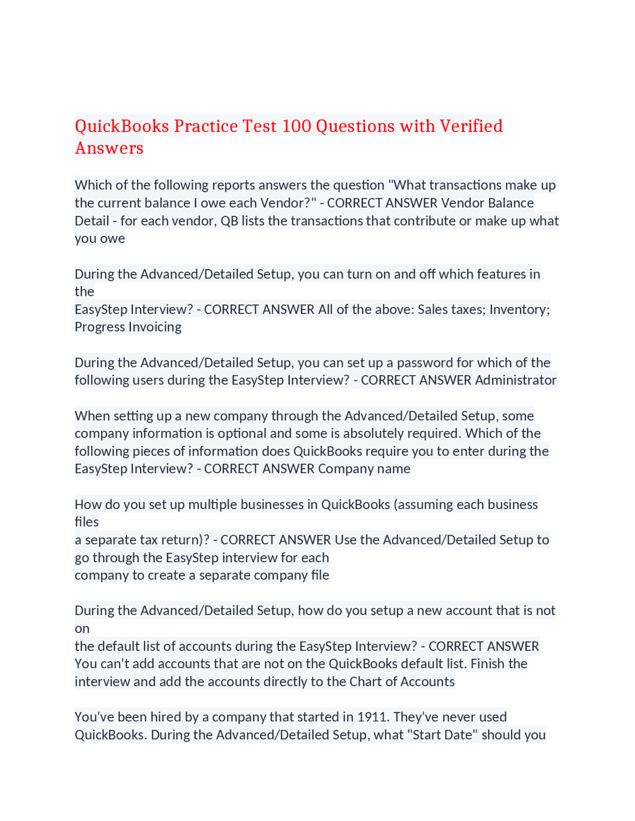 QuickBooks Practice Test 100 Questions with Verified Answers | Exams ...