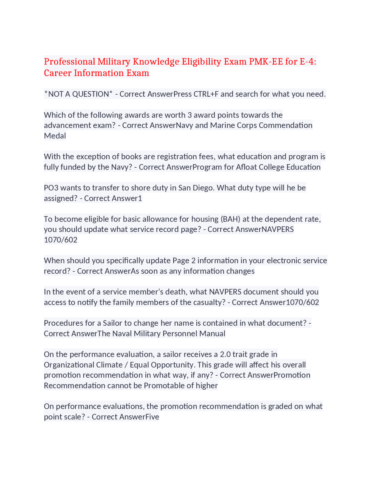 Professional Military Knowledge Eligibility Exam PMK-EE for E-4: Career Information Exam | Exams ...
