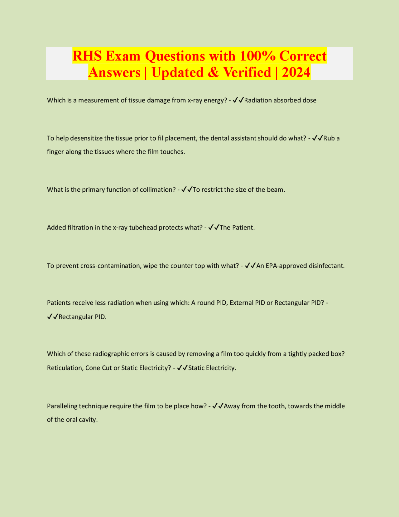 RHS Exam Questions with 100% Correct Answers | Exams Medical imaging ...