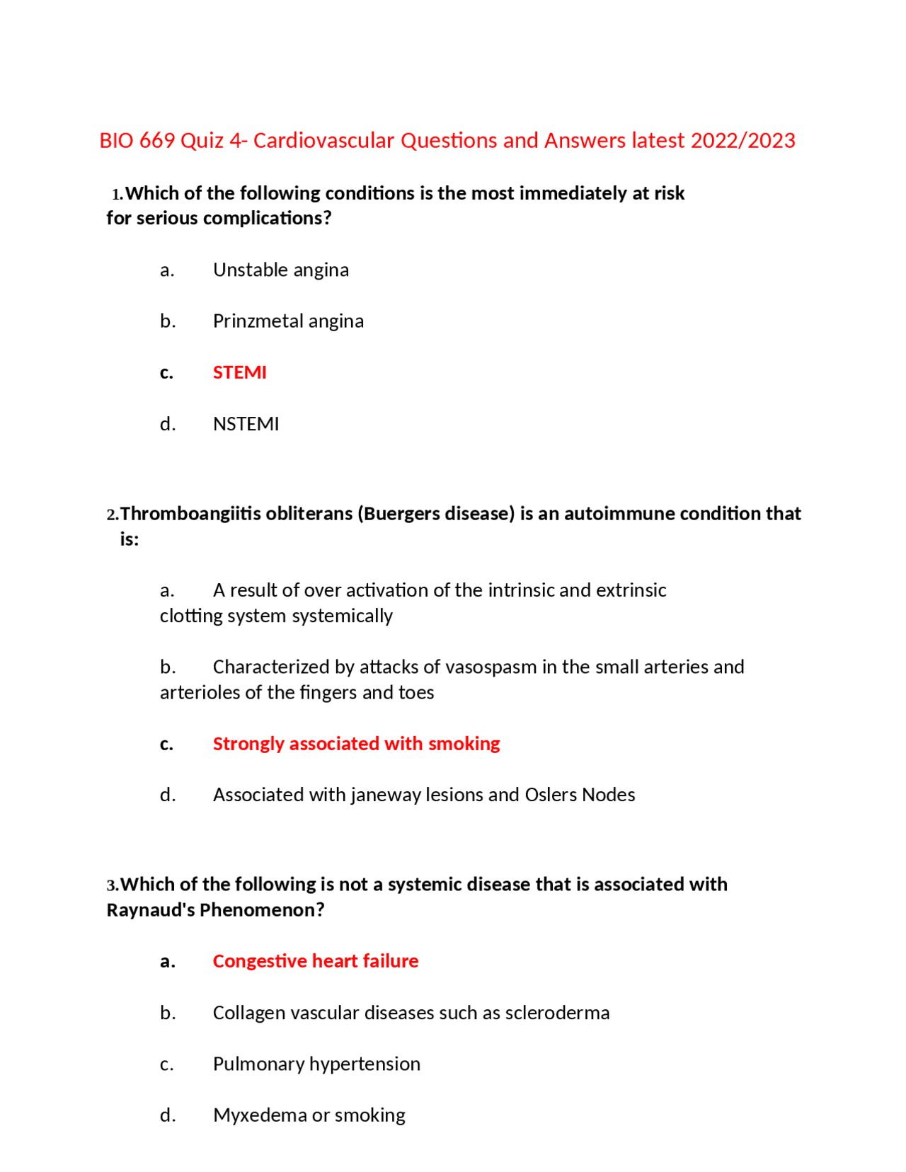 BIO 669 Quiz 4- Cardiovascular Questions and Answers latest ,100% ...