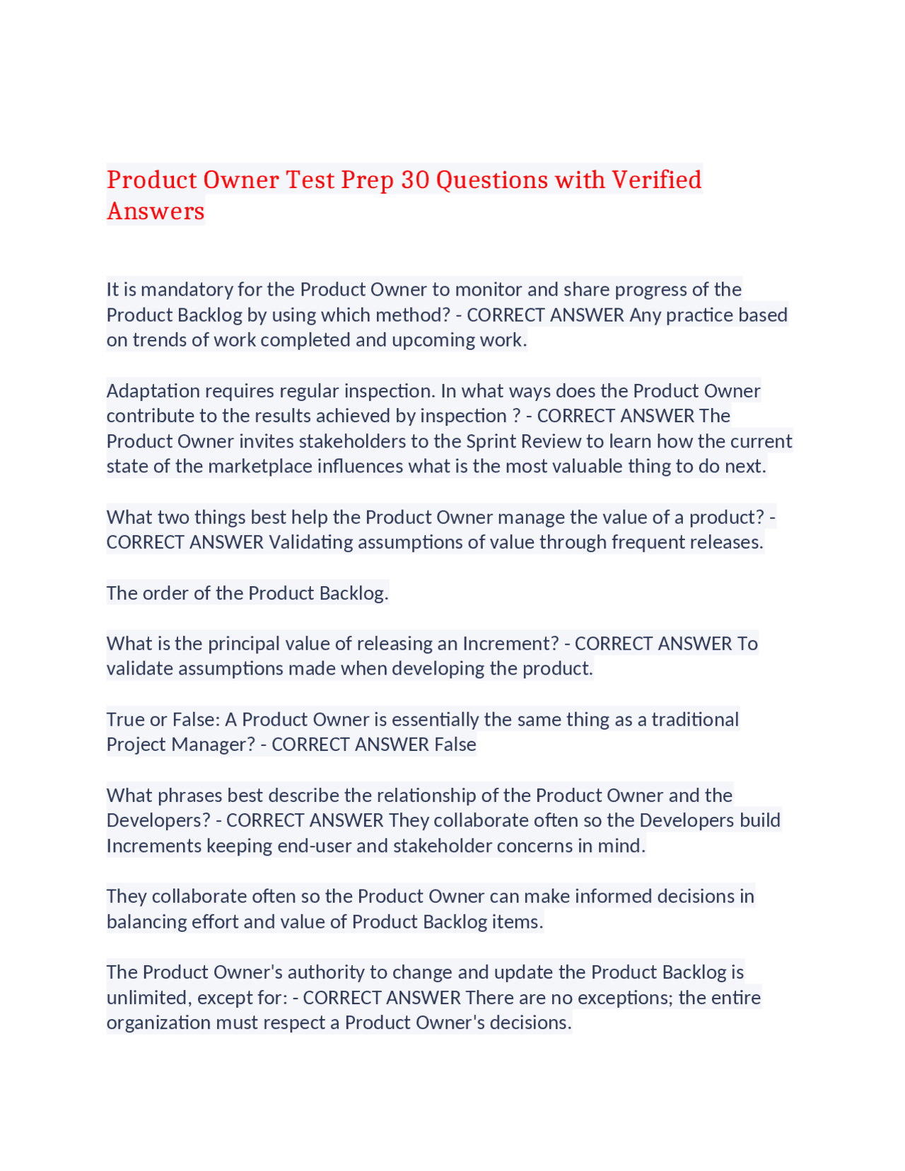Product Owner Test Prep: 30 Questions with Verified Answers | Exams ...