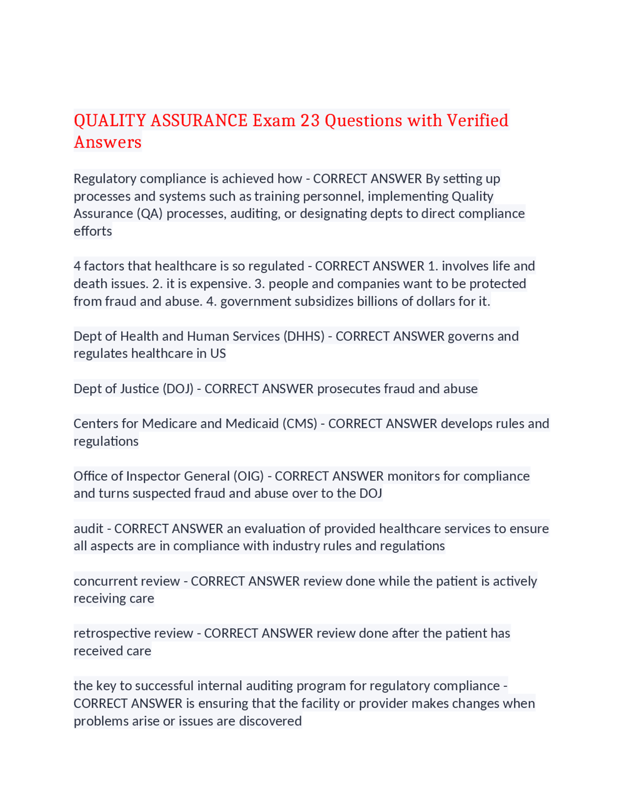 QUALITY ASSURANCE Exam 23 Questions with Verified Answers,100% CORRECT ...