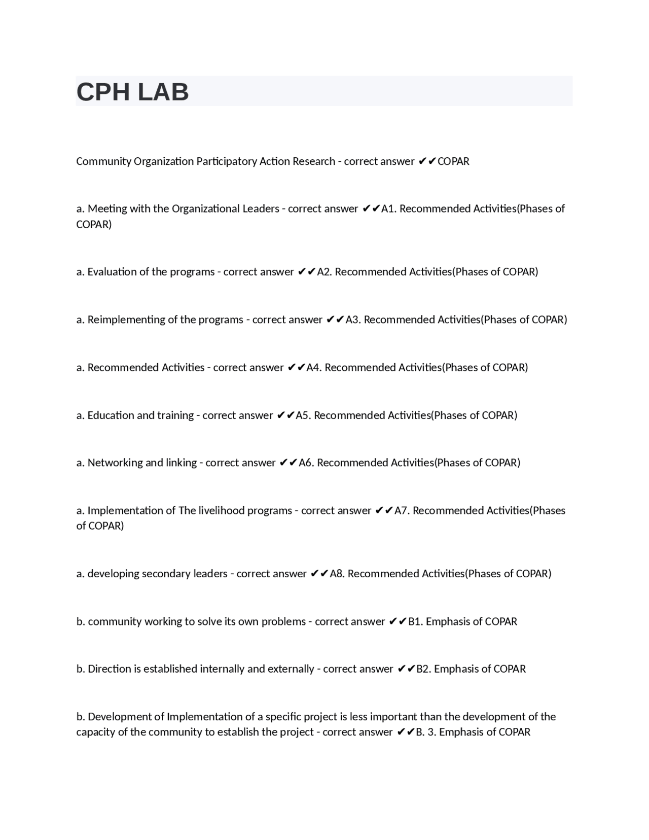 CPH LAB questions with 100% correct answers | Exams Nursing | Docsity