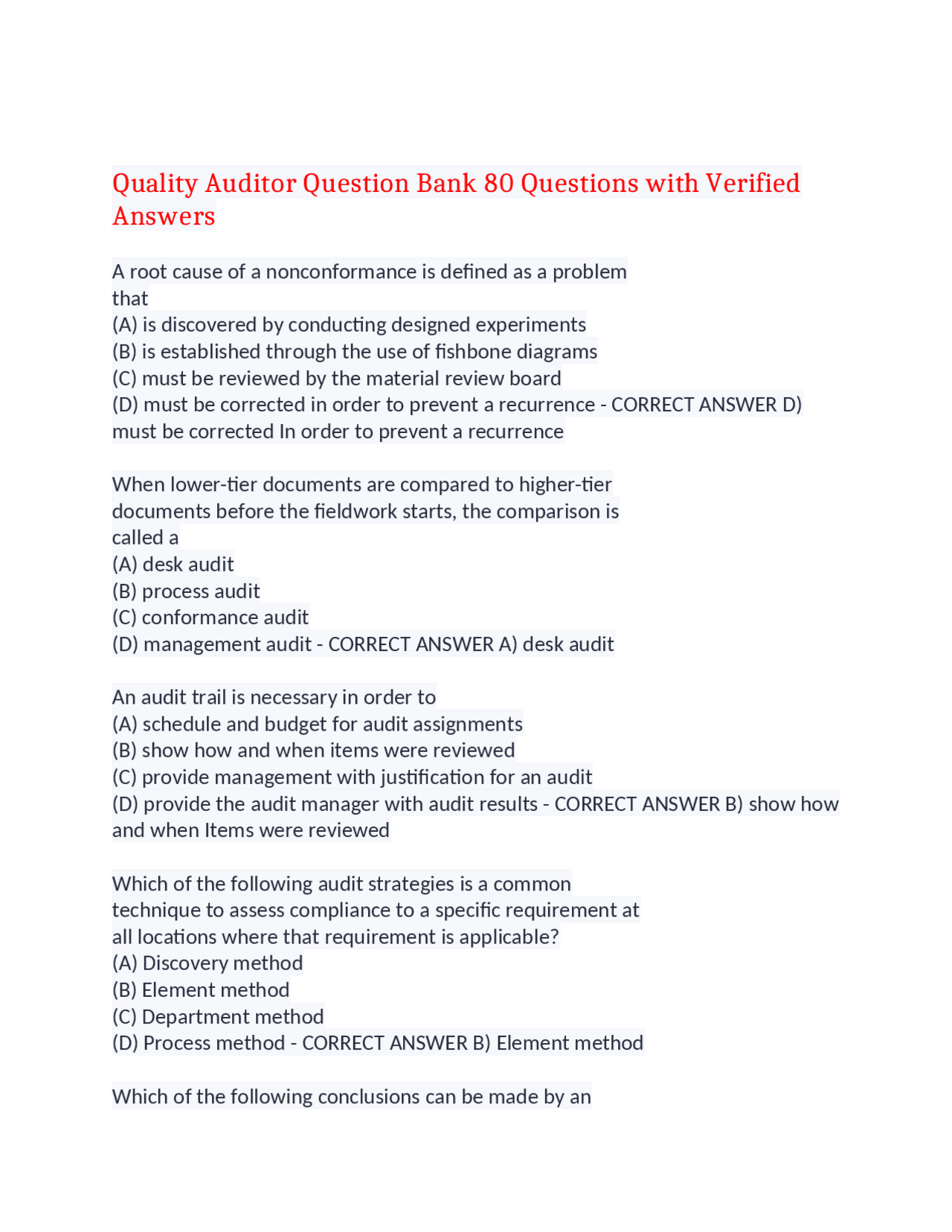 Quality Auditor Question Bank: 80 Questions with Verified Answers ...