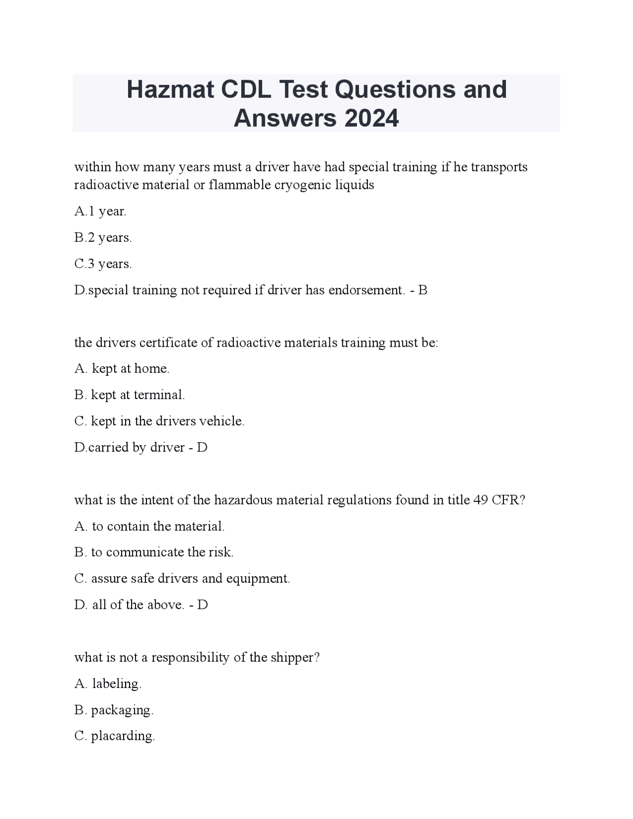 Hazmat CDL Test Questions and Answers 2024 | Exams Nursing | Docsity