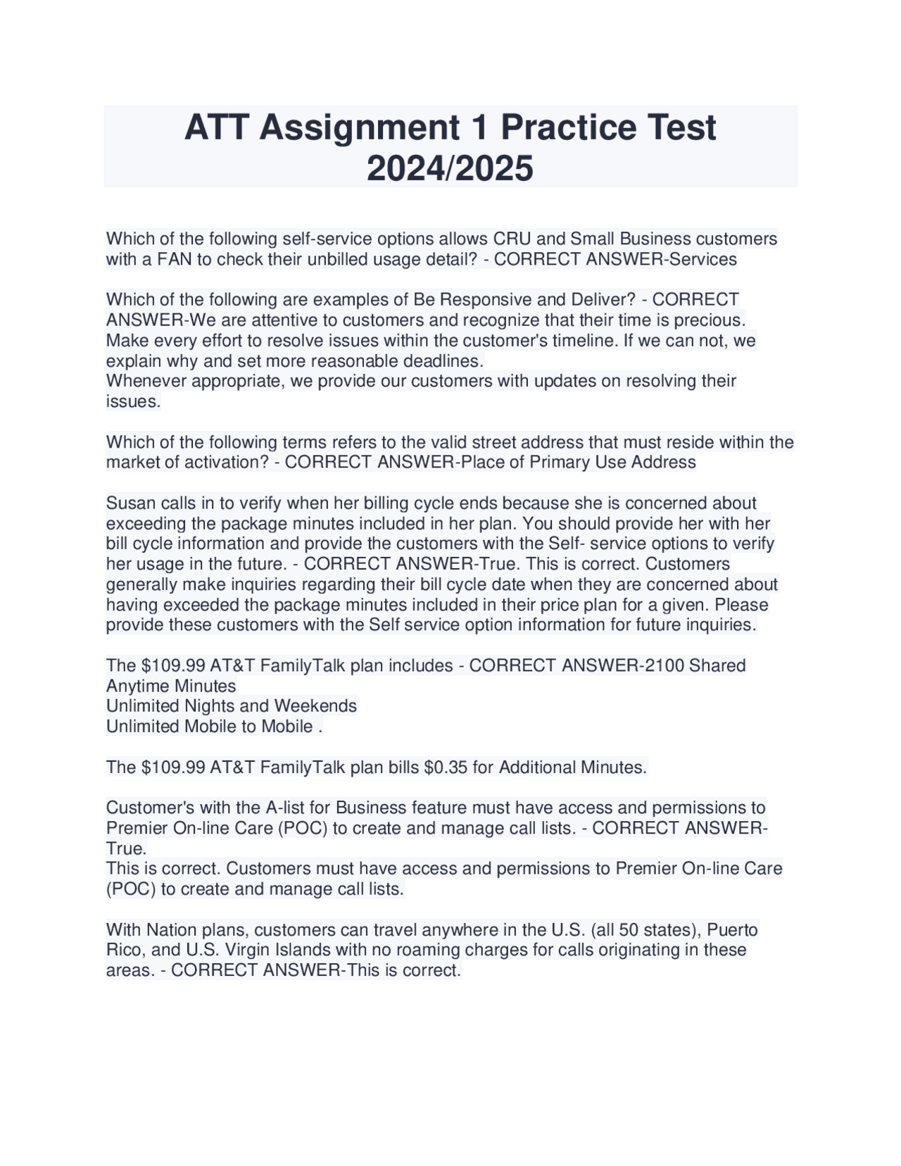 ATT Assignment 1 Practice Test 2024/2025 | Exams Business Systems | Docsity