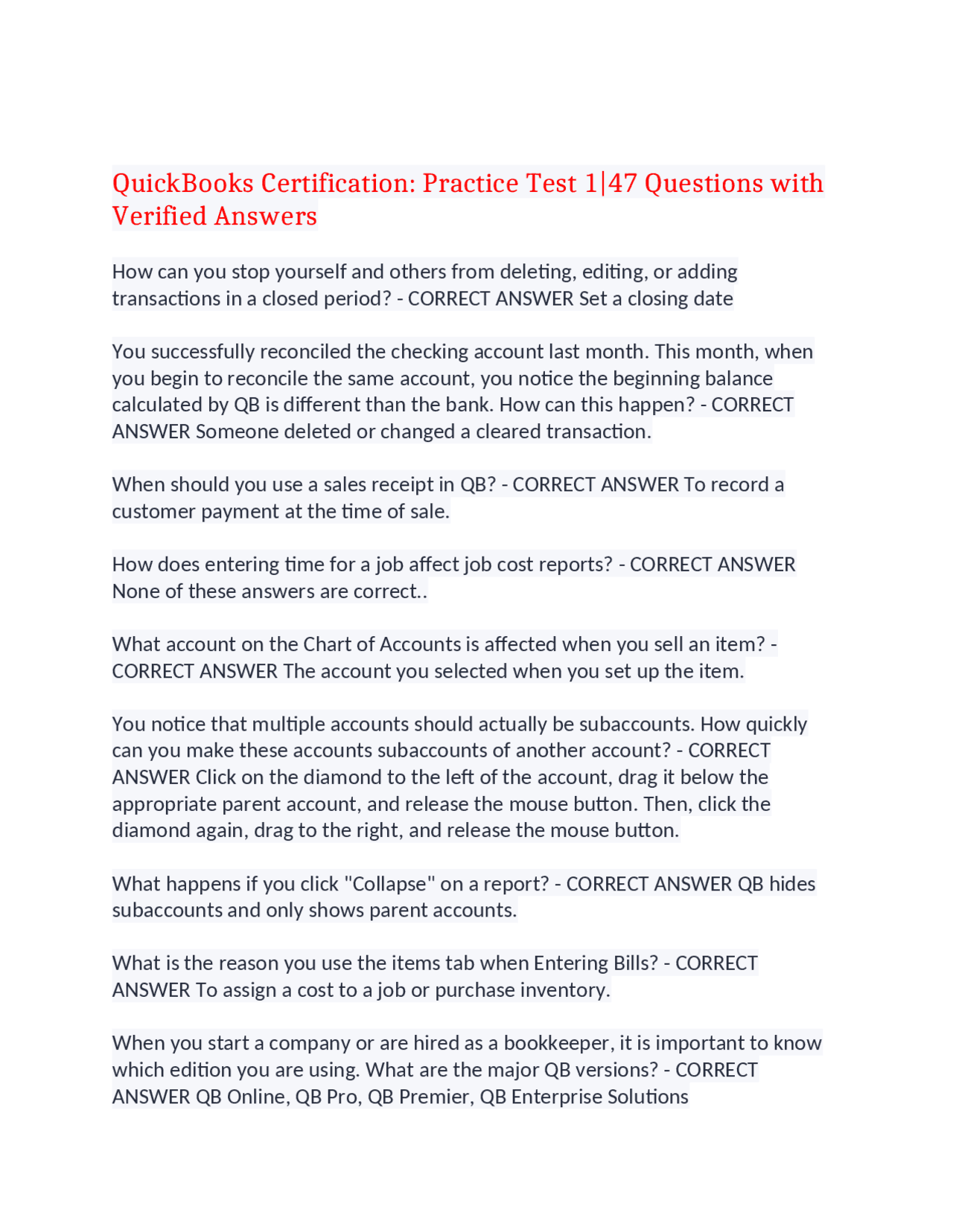 QuickBooks Certification: Practice Test 1|47 Questions with Verified ...