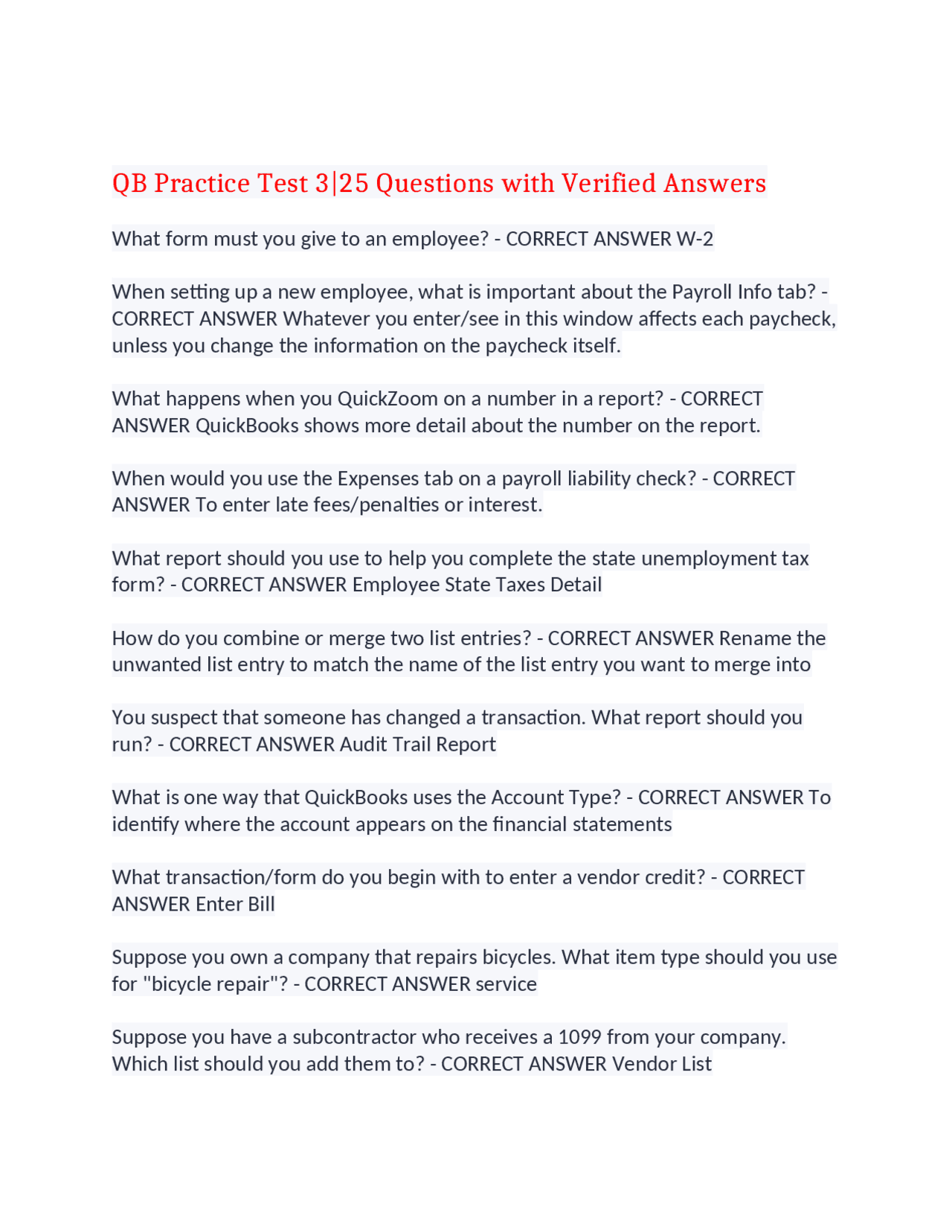 QuickBooks Practice Test 3: 25 Questions with Verified Answers | Exams ...