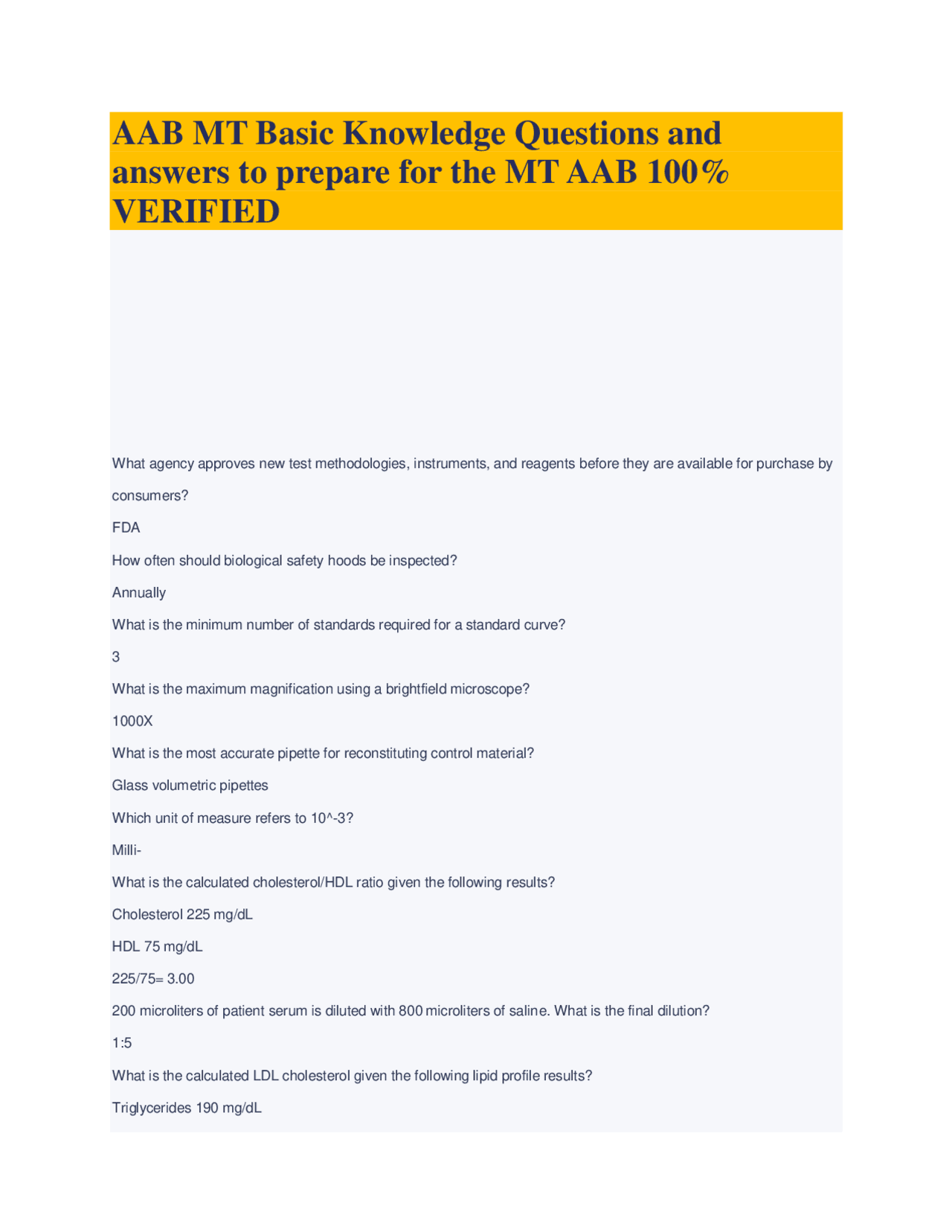 AAB MT Basic Knowledge Questions and answers to prepare for the MT AAB 100% VERIFIED | Exams ...