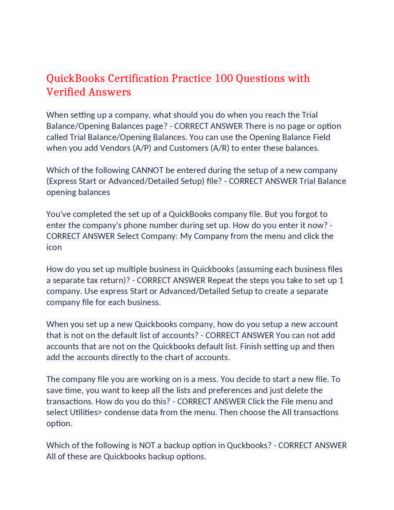QuickBooks Certification Practice: 100 Questions with Verified Answers ...